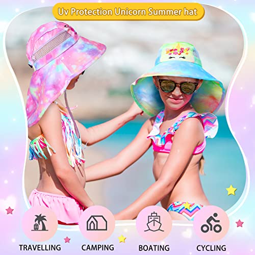 2 Pcs Sun Hat for Girls Unicorn Bucket Summer Hat Kids UV Protection Beach Hat Adjustable Strap Neck Flap Ponytail Cap for Kids 4β12 Years