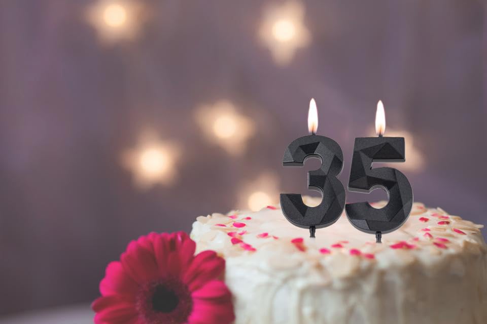 2 inch Black 35 & 53 Birthday Candles, 3D Diamond Number 35th & 53th Cake Topper for Men Women Birthday Party Decorations Theme Party