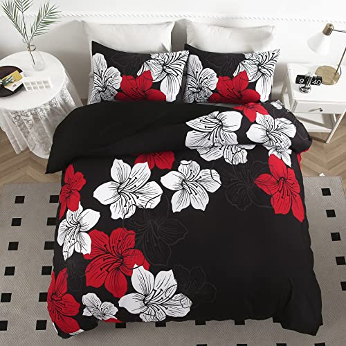 3 Pieces Duvet Cover Set Queen Red Floral Pattern Comforter Cover Elegant Boho Floral Duvet Cover with 2 Pillow Cases Lightweight Microfiber Bedding Duvet Cover Set All Season (Black, 90"x90")