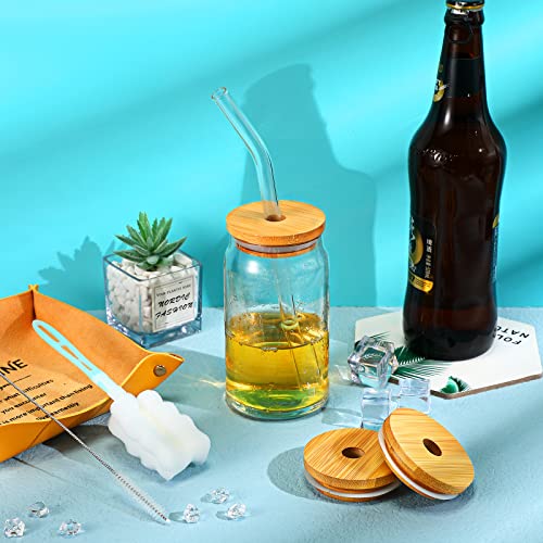 16 oz Beer Glasses Lids with Straw Hole Drinking Glass Cups Anticorrosion Beer Can Cups Lids Bamboo Lids with Brush for 16 oz Canned Beer Glasses Jar Glasses and Cans (12 Pack)