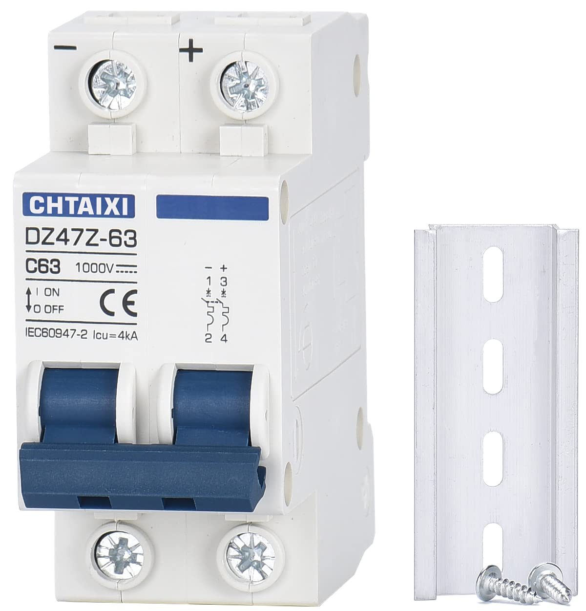 CHTAIXI DC Miniature Circuit Breaker, 2 Pole 1000V 63 Amp Isolator for Solar PV System, Thermal Magnetic Trip, DIN Rail Mount, Chtaixi DC Disconnect Switch C63