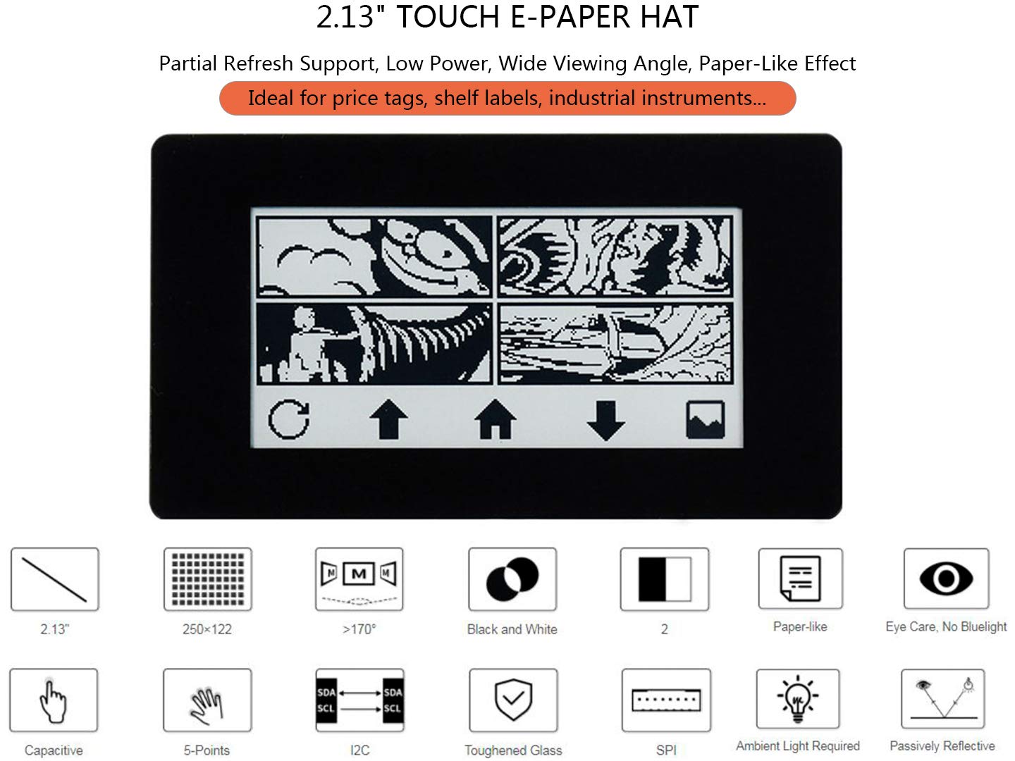 Waveshare 2.13inch Touch e-Paper HAT for Raspberry Pi 4B/3B+/3B/2B/Zero/Zero W/Zero WH, 250x122 Pixels, Black White Two-Color, 5-Point Touch E-Ink Screen LCD, SPI Interface Support Partial Refresh