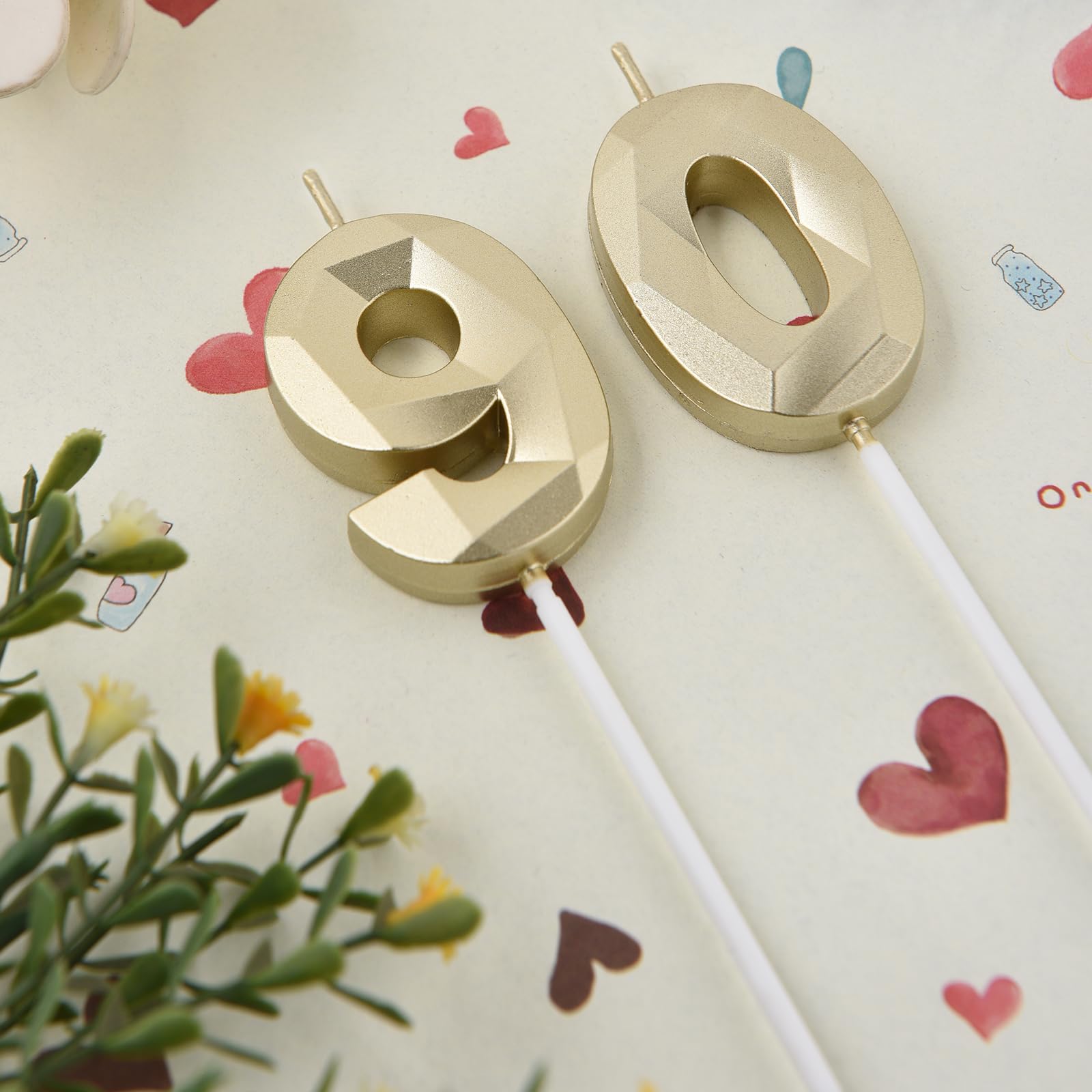 2 inch Gold 90 Birthday Candles, 3D Diamond Number 90 Cake Topper for Men Women Birthday Party Decorations Theme Party