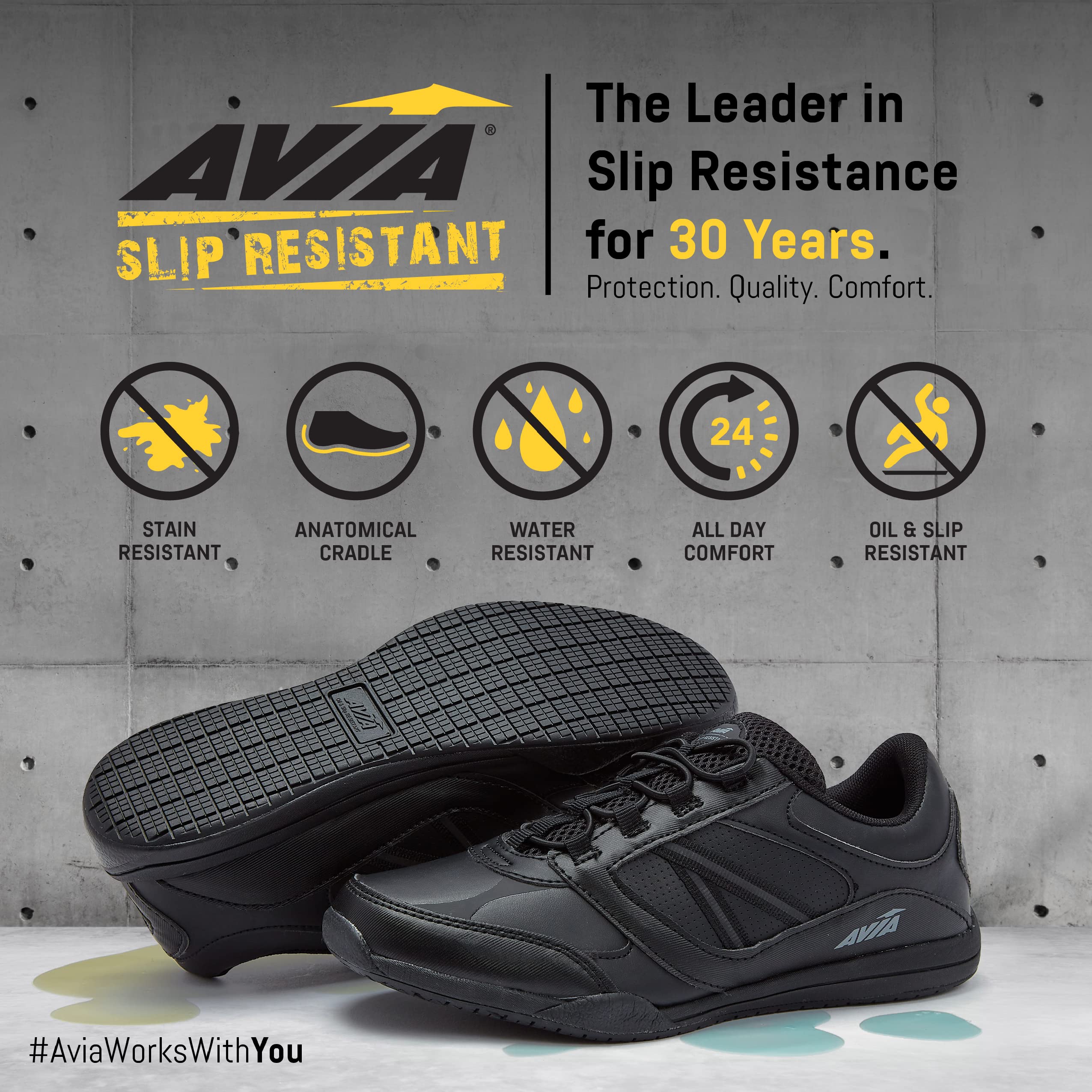 Avia Women's Avi-Focus Comfort Slip On Shoes for Work, Nursing, Restaurants, & Walking Food Service, Black/Metallic Iron Grey/Chrome Silver, 8