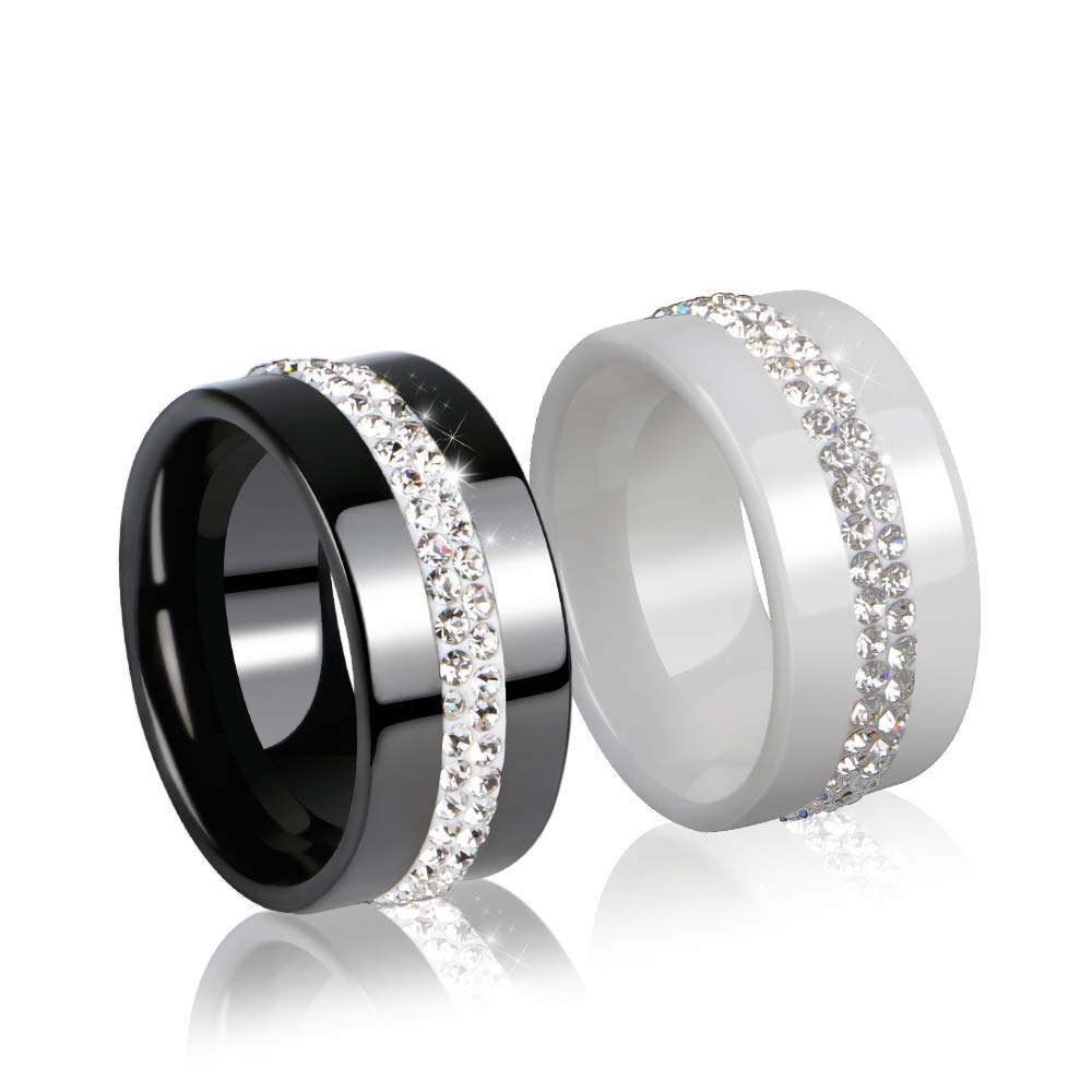 10MM Width Two Row Crystal Women Rings Jewelry Smooth Black White Ceramic Rings Made Of Ceramic Material Fashion Wedding Ring