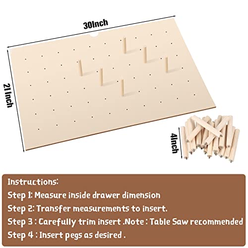 30 x 21 Inch Wood Drawer Peg Board with 20 Pegs Adjustable Deep Drawer Peg Board System Wood Drawer Organizer for Home Kitchen Shelf Cupboard Storage Food Containers Cookware Serveware Utensils