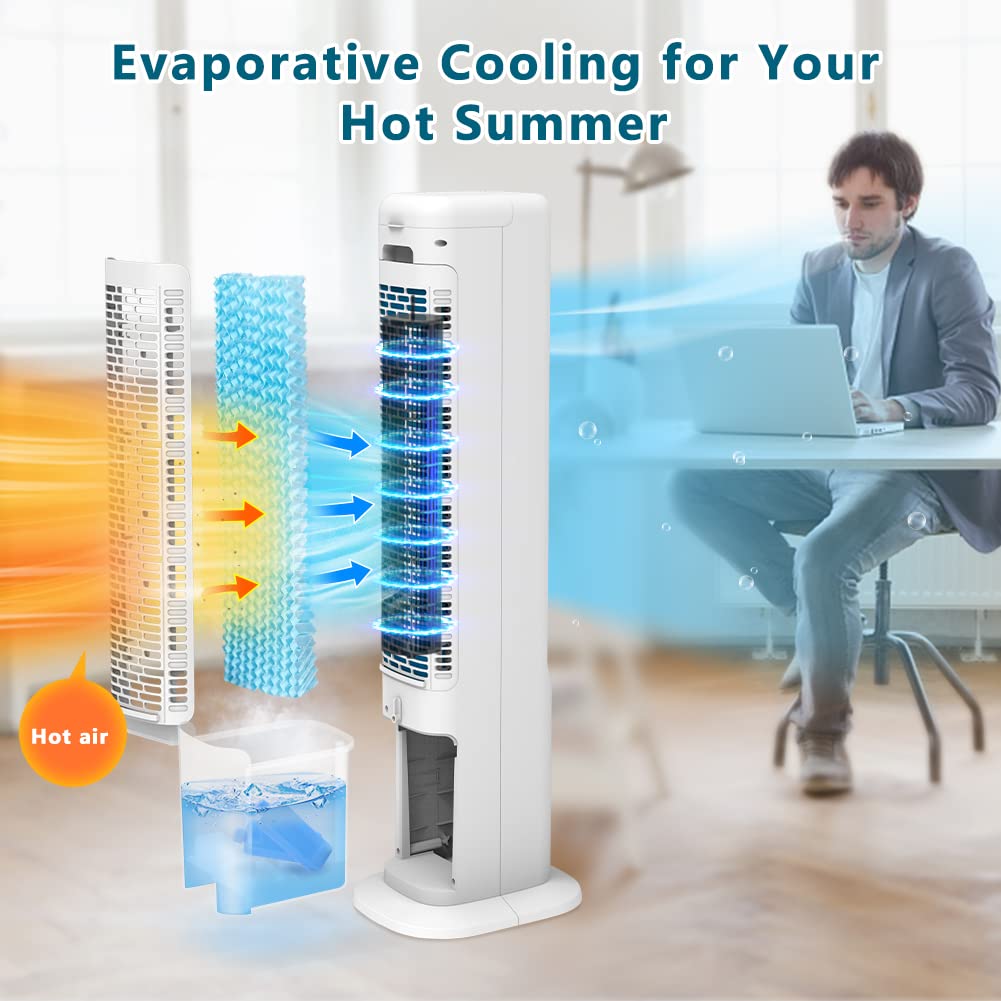 2-In-1 Evaporative Air Cooler - 41” Quiet Cooling Tower Fan Humidifier Portable Swamp Cooler with Bladeless Design, 60° Oscillation, Remote Control, 3 Modes and 3 Wind Speeds, 12H Timer, 4 Ice Boxes
