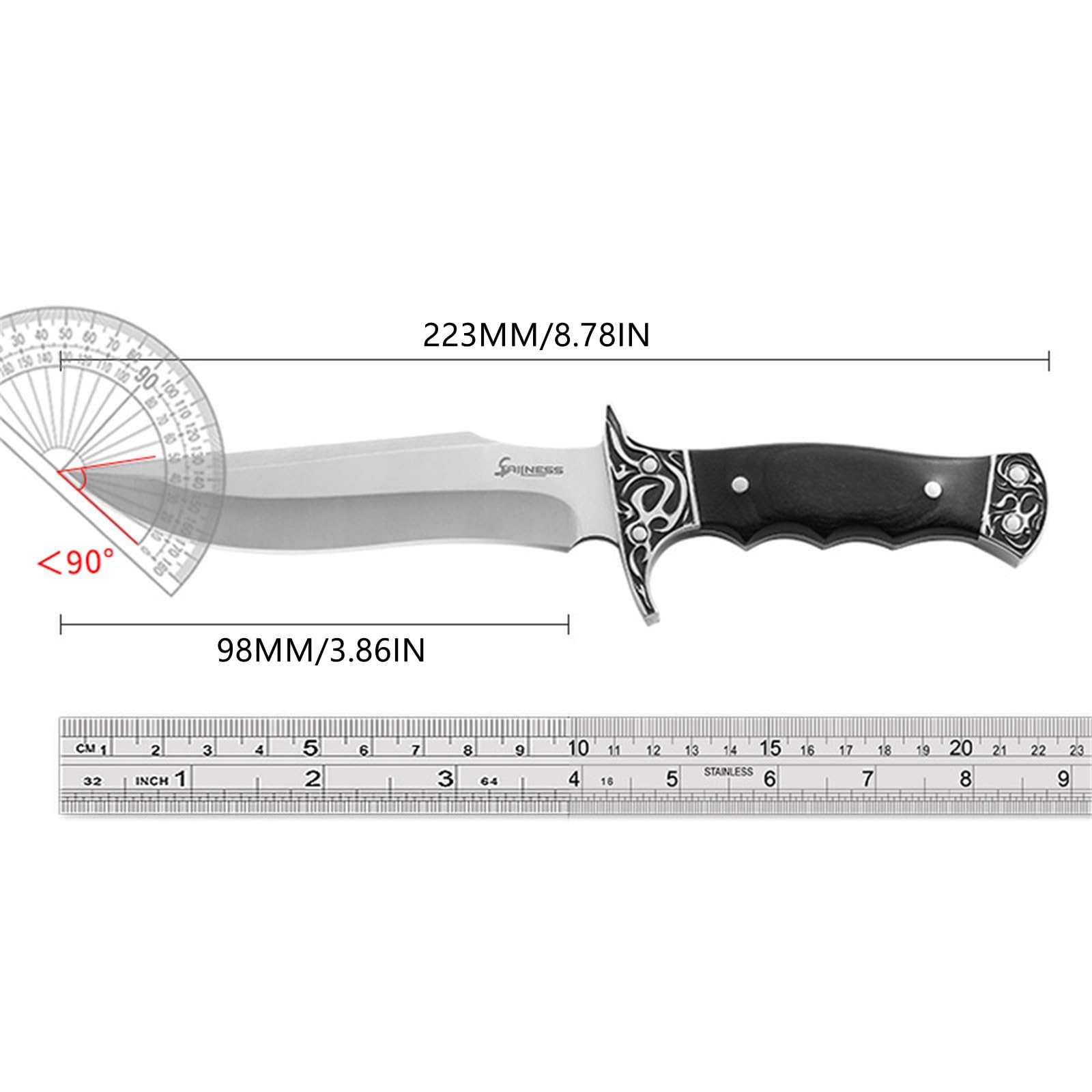 10MOONS 8.78-inch Bowie Knife Full-Tang Fixed Blade, Black-Colored Wood Handle Hunting Knife with Embossed Leather Sheath for Camping, Hiking, Survival