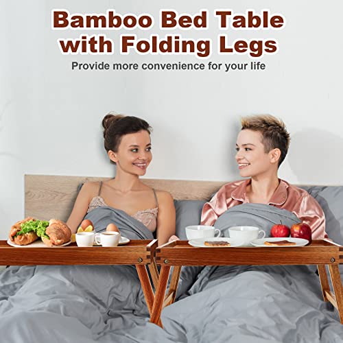 3 Pcs Acacia Bed Table Tray with Folding Legs and Handles Wooden Breakfast Tray Lap Snack Serving Tray Wood Laptop Desk for Eating Drawing Working Studying Dinner Bedroom Sofa Couch Kids Adults