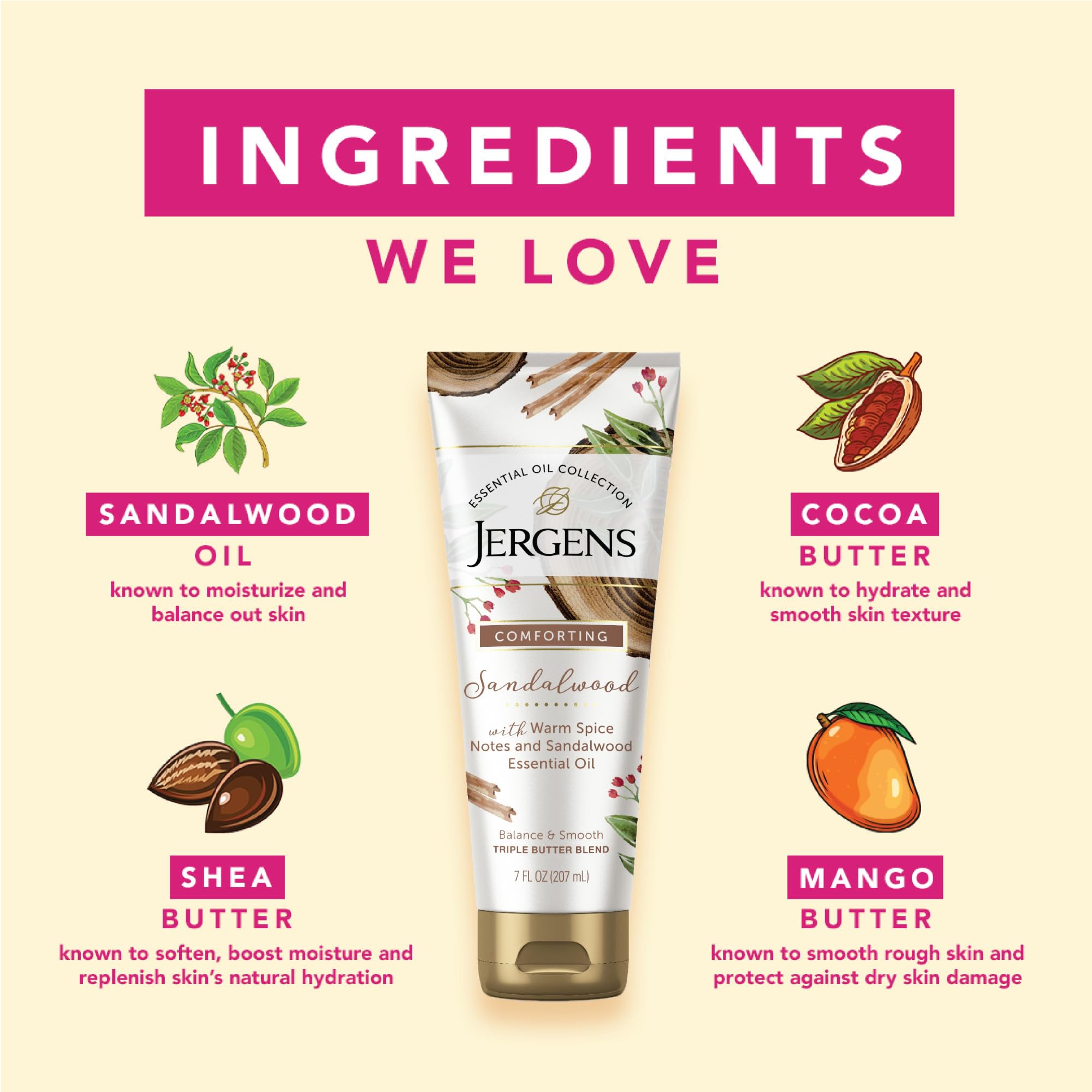 Jergens Sandalwood Body Butter Lotion, Moisturizer Infused with Sandalwood Essential Oil, For All Skin Types, 7 Oz