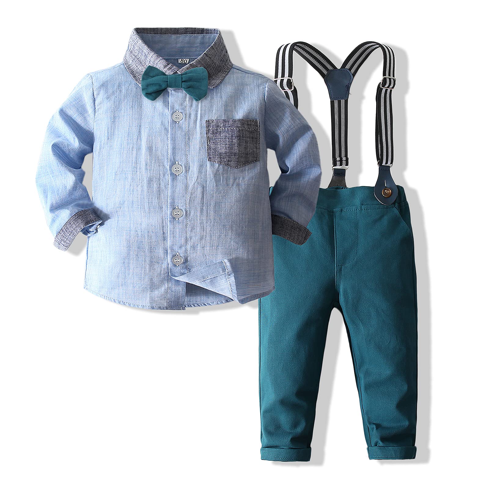 Kimocat Baby Boy Clothes Gentleman Clothing Suit for Newborn Baby Bow Tie Shirt + Suspender Trousers (Grey 1, 2-3T)