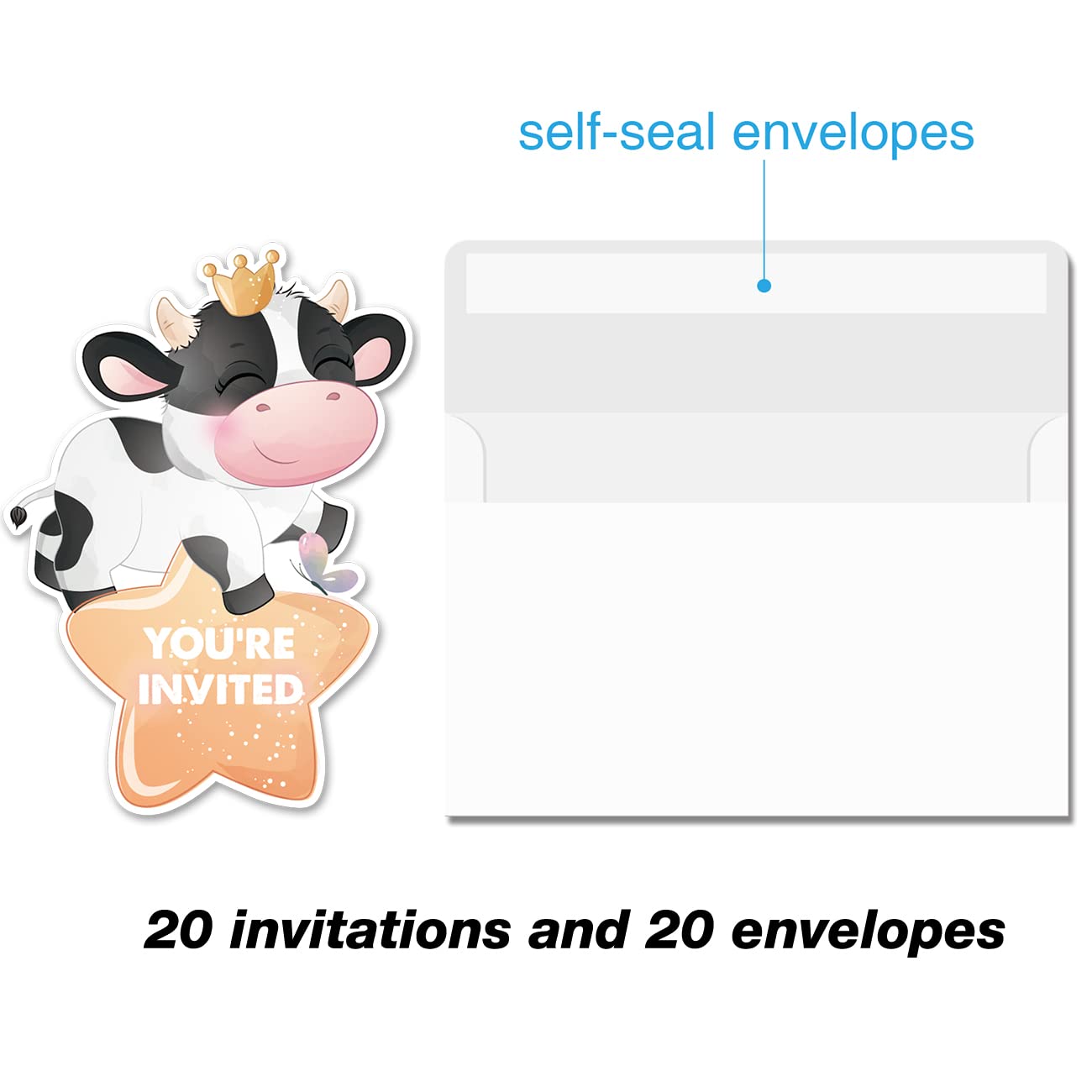 20 Cow Birthday Party Invitations with Envelopes Double Sided Farm Cow Shaped Fill-in Invitations Invites