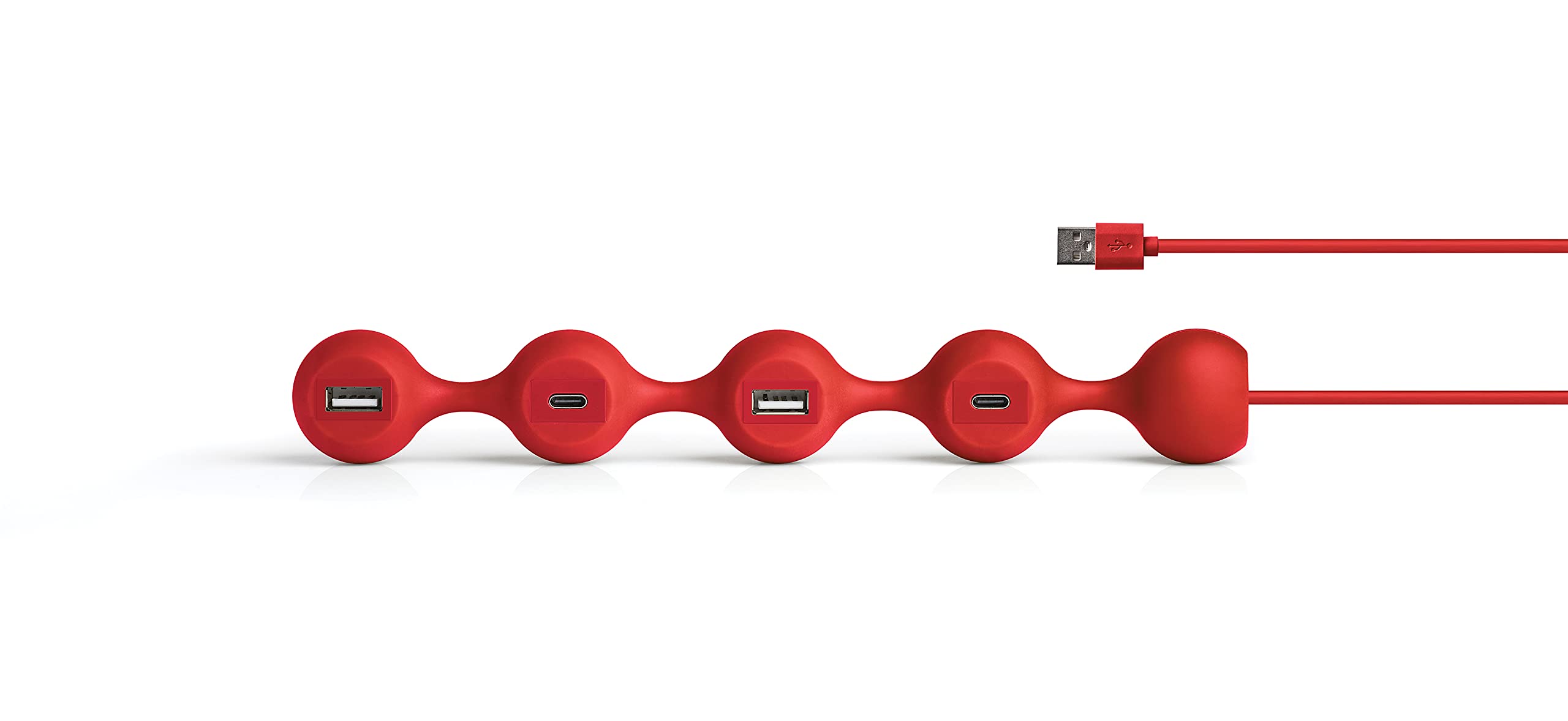 LEXON PEAS HUB 2 4-Port Hub, Charge 2 x USB, 2 x USB-C 2 Smartphones Simultaneously, Copper Inner Cable LD143DR, Dark Red
