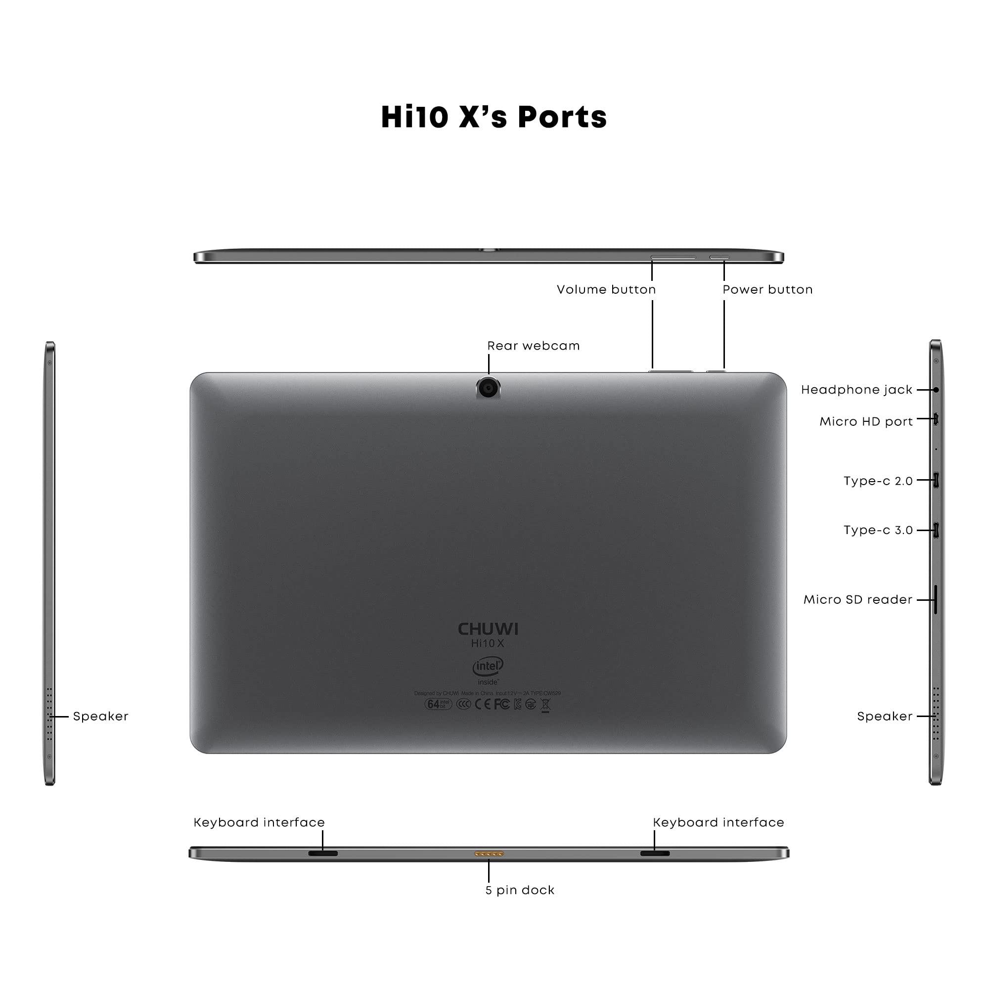 CHUWI Hi10 X Tablet PC, 10.1" Touchscreen 1920x1200P (6GB RAM 128GB Storage) Intel N4120 Processor, 2-in-1 Convertible, 5MP and 2MP Cameras, Windows 10