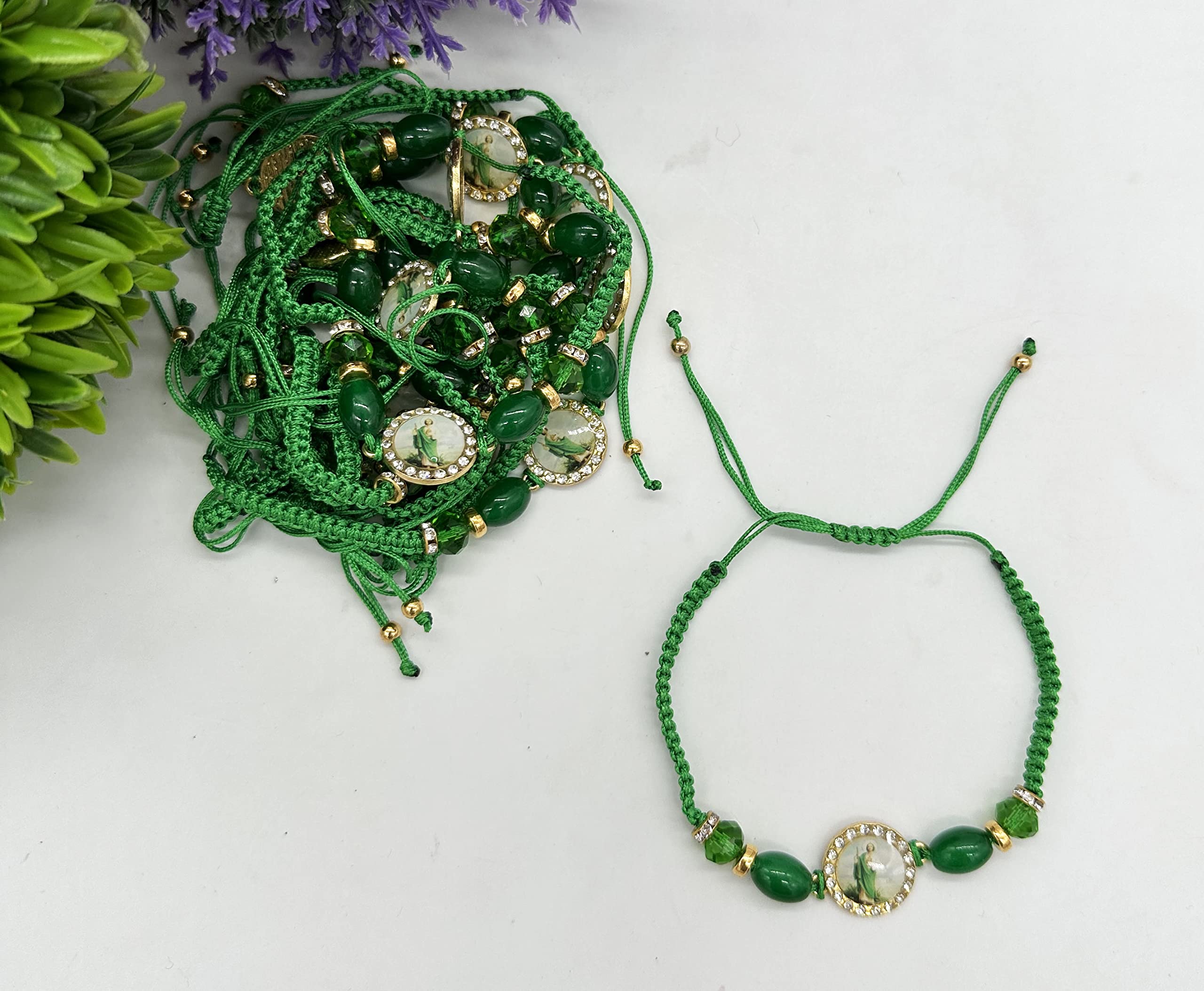 12 PCS San judas tadeo Bracelet Handmade Medal Adjustable String Green Rope Bracelets Religious Prayer Jewelry Gift For Women Men- Green (49GR)