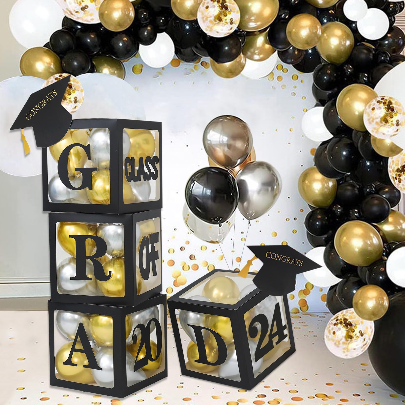 2024 Graduation Balloon Boxes Decorations, 4 pieces Black Graduation Party Balloons Boxes with “GARD” “Class of 2024” Letters, Little Cap Graduation Decorations for Congrats Grad 2024 Decor