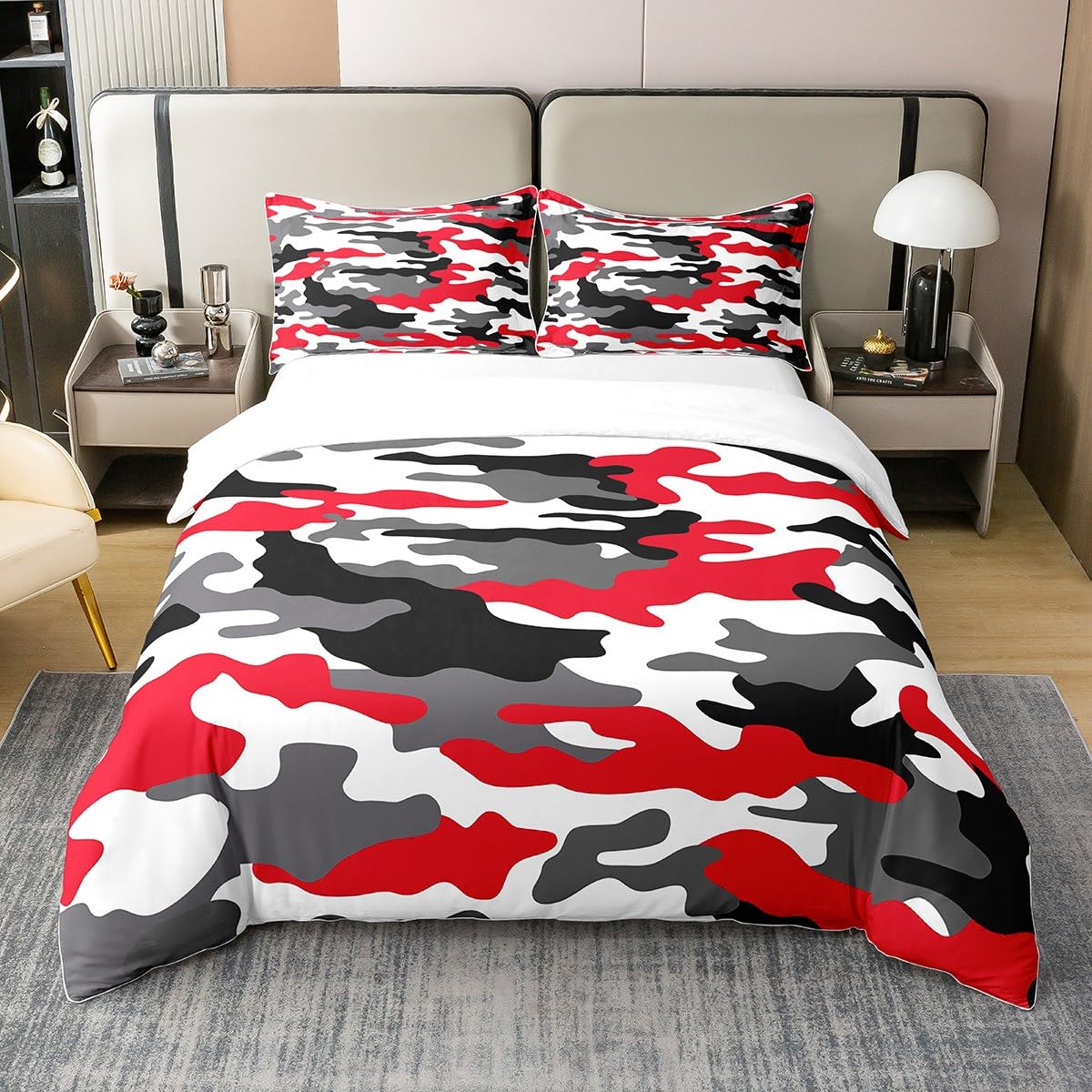 100% Nature Cotton Army Camouflage Camo Duvet Cover Set Colorful Pattern Art Decor Comforter Cover Set Twin Size with 1 Pillowcase Black Red White Bedding Set