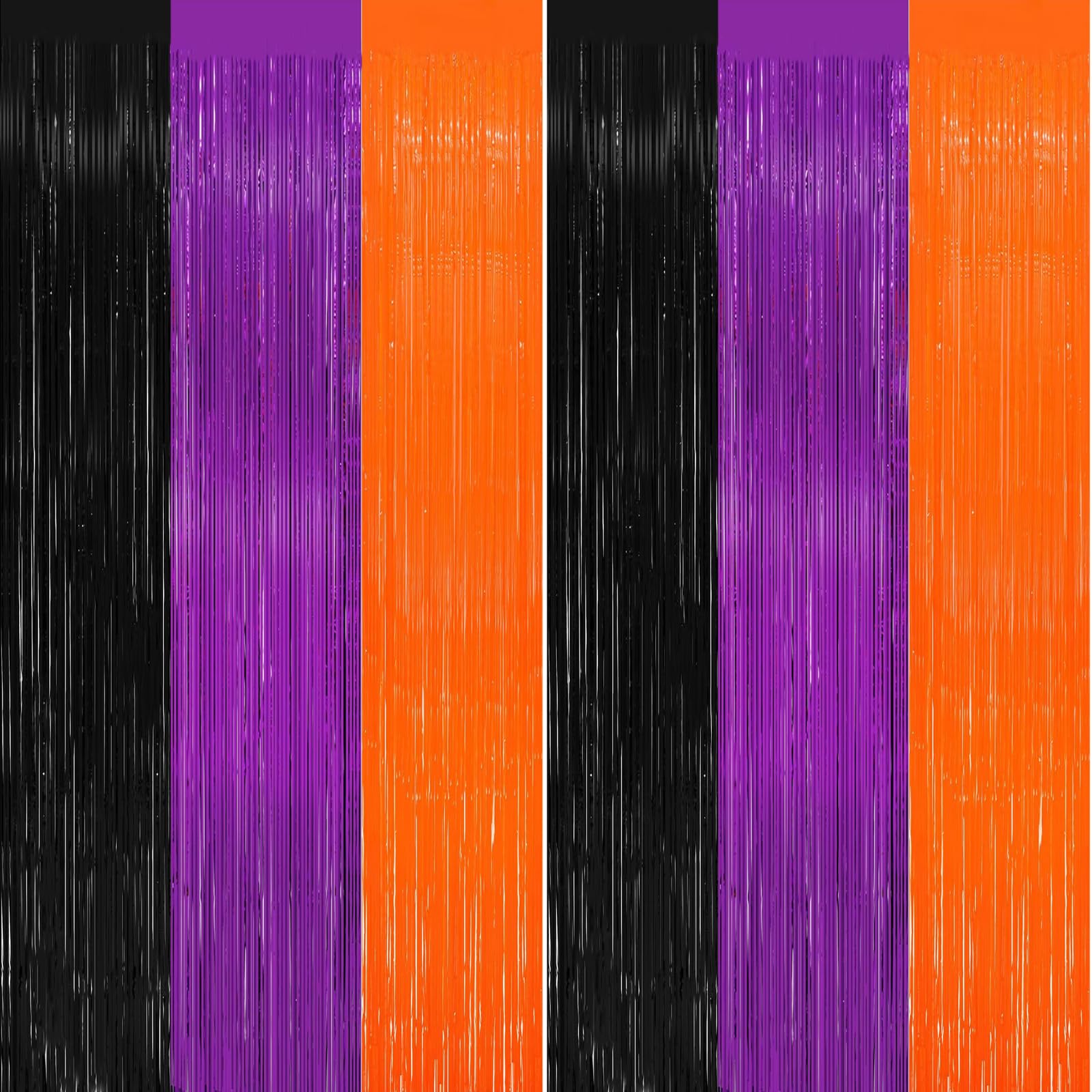 2 Pack 3.2ft x 9.8ft Halloween Foil Fringe Curtain, Black Orange Purple Metallic Tinsel Curtains Streamer Large Party Photo Booth Props Backdrops for Wall Door Indoor Outdoor Decorations