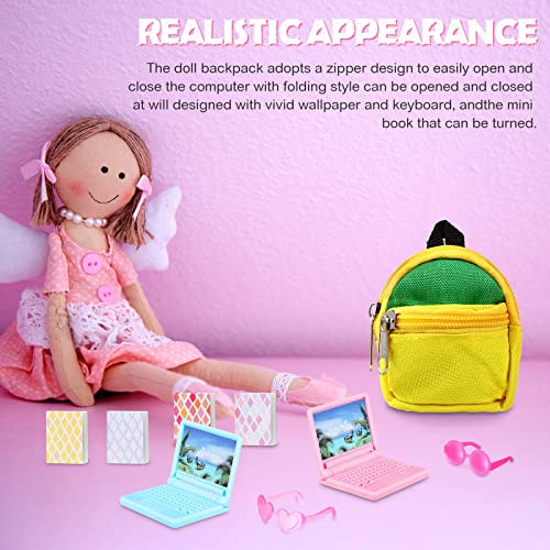 20 Pieces Doll Backpack Set Dollhouse School Accessories Doll Travel Supplies Include Mini Laptop Scene Simulation Backpack Bag with Zipper Mini Headsets Toy Sunglasses Book for 1/12 1/6 Scale