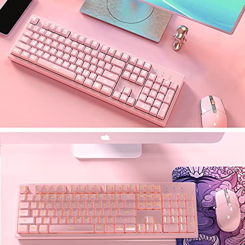 KECOP Baby Pink USB Wire Keyboard with Rainbow LED Backlight Full 104 keys Water-Resistant Mechanical Feeling Game Keyboard for Desktop, Computer, PC (Baby Pink)