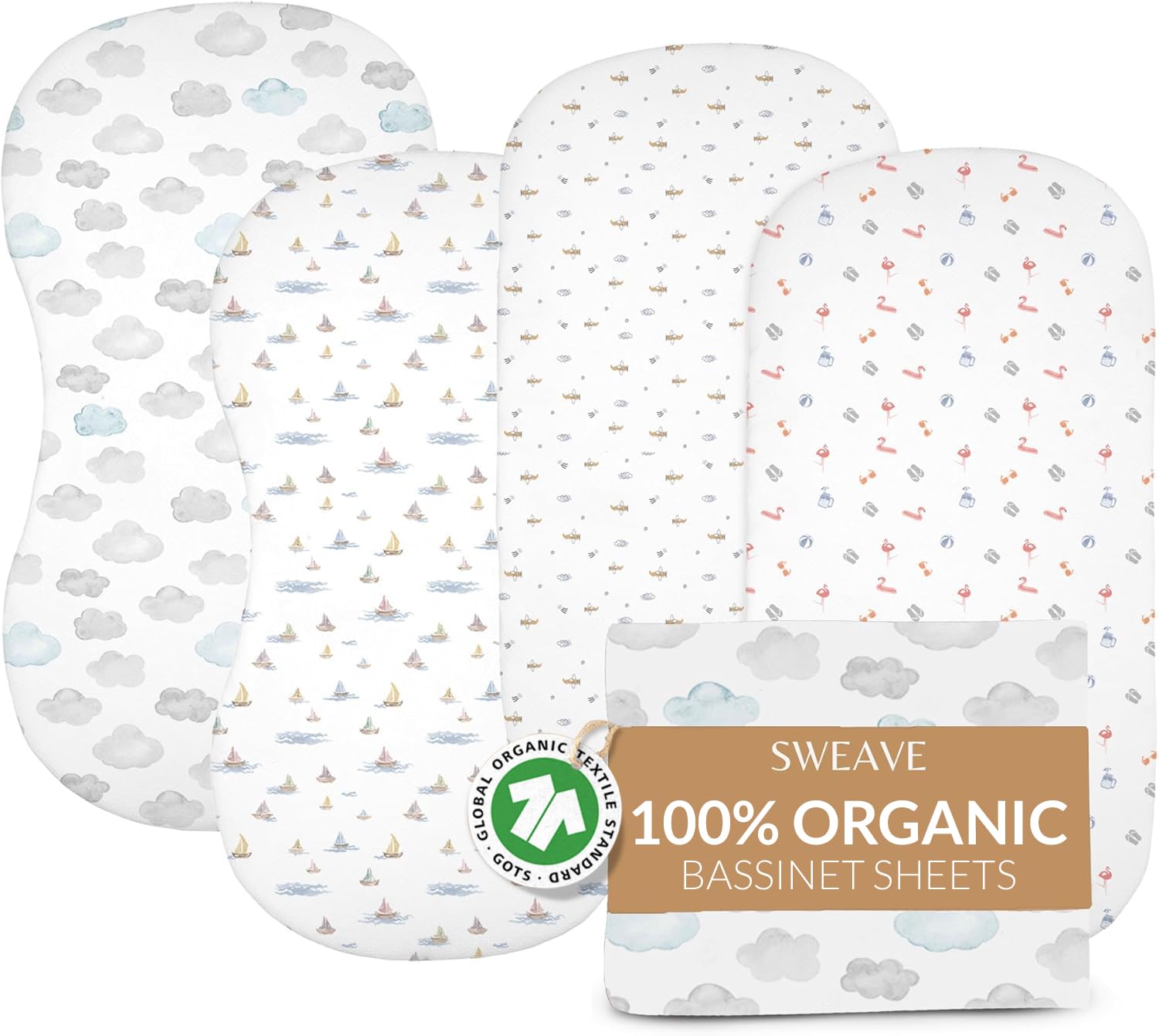 100% Organic Cotton Bassinet Sheets (4-Pack) - GOTS Certified - Bassinet Bedding for Standard Size Oval & Rectangular Mattress - Breathable Percale Weave Softens with Each Wash - 33" L x 15" W