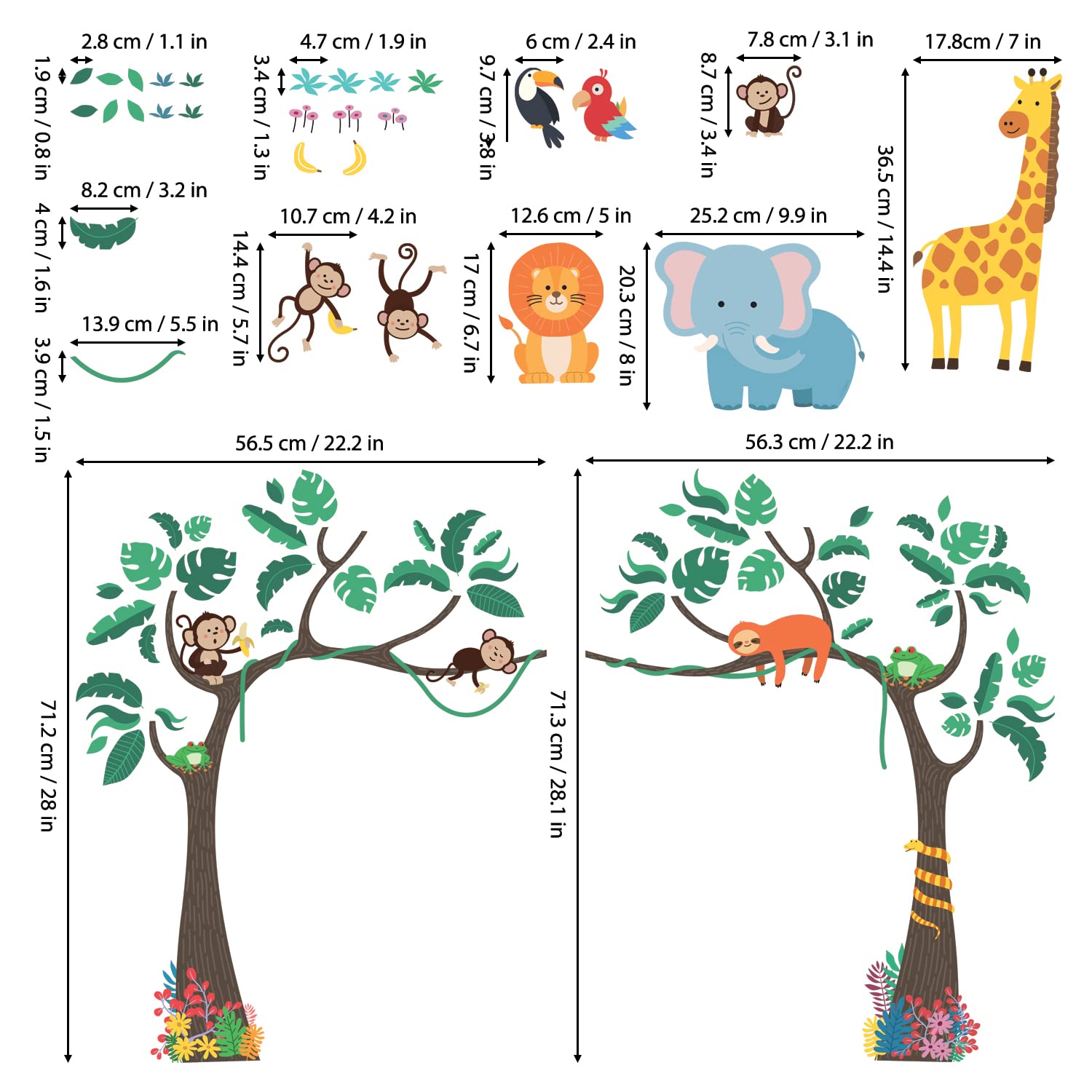 DECOWALL SG-2112 Jungle Animal Tree Wall Decals Elephant Monkey Giraffe Lion Forest Wall Stickers for Kids Baby Nursery Bedroom Playroom Living Room Decor DIY Art
