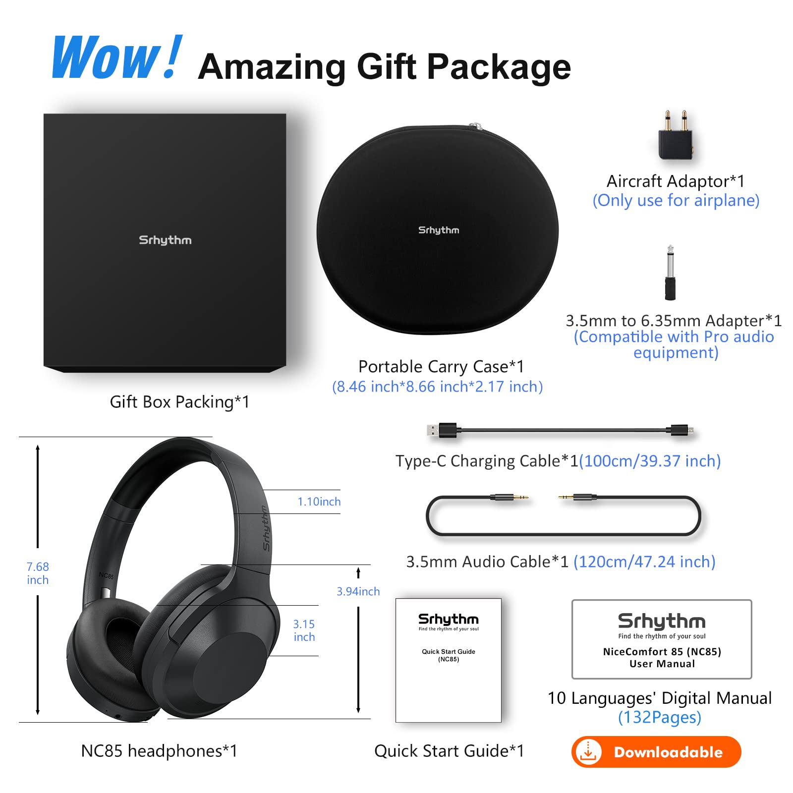 Srhythm NC85 Dynamic Hybrid Noise Canceling Headphones Bluetooth Wireless Over The Ear with HD Sound,Quick Charge,Ultra-Long Playtime,Multi-Modes Switchover