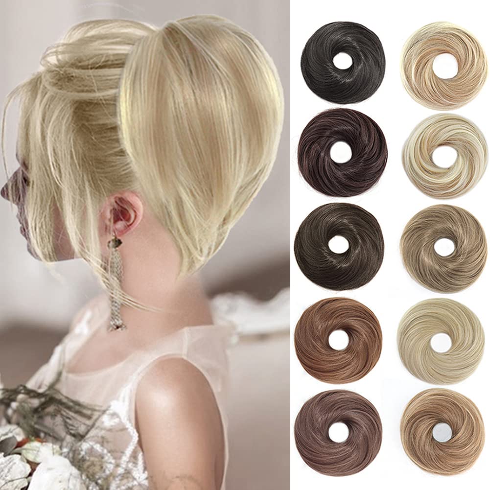 AQINBEL Messy Bun Hair Piece,Straight Hair Buns Hair Piece Short Hair Ponytail Extensions Tousled Updo Bun Hair Pieces with Elastic Rubber Band for Women (Light Ash Brown & Bleach Blonde)