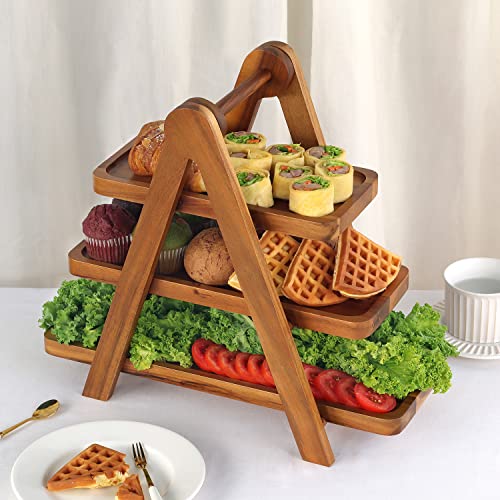 3 Tier Serving Tray Can Collapsible, Acacia Wooden Cupcake Stand Three Tiered, Tier Serving Stand with 3 Acacia Wooden Serving Platters for Entertaining, Rustic Wood Tray Vintage Party Buffet, Cupcake