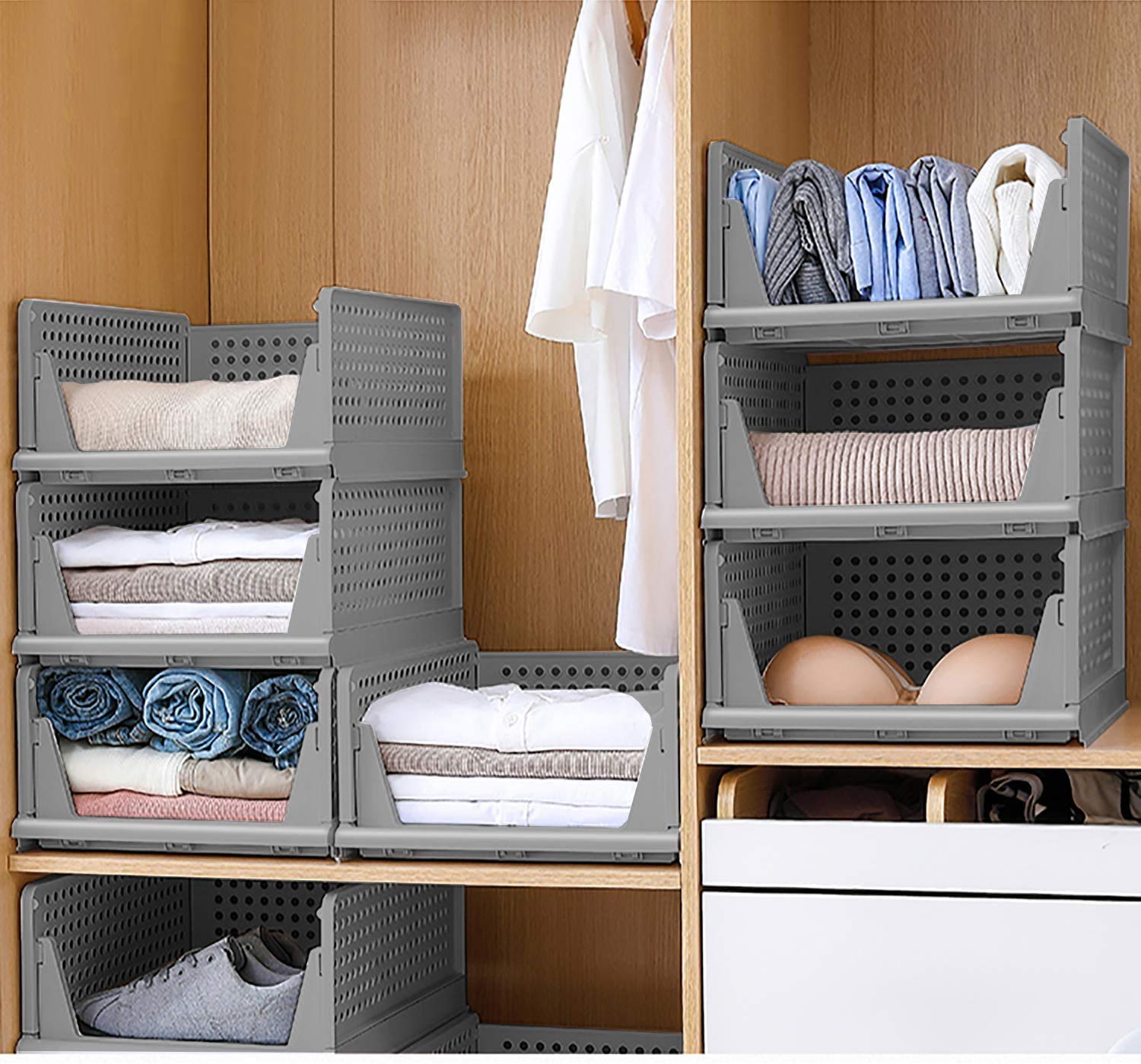 4-Pack Folding Wardrobe Storage Box Plastic Drawer Organizer Stackable Shelf Baskets Clothes Closet Containers Bin Cubes ,Home Office Bedroom Laundry Fold Pull Out Drawer Dividers for Clothes,Toys