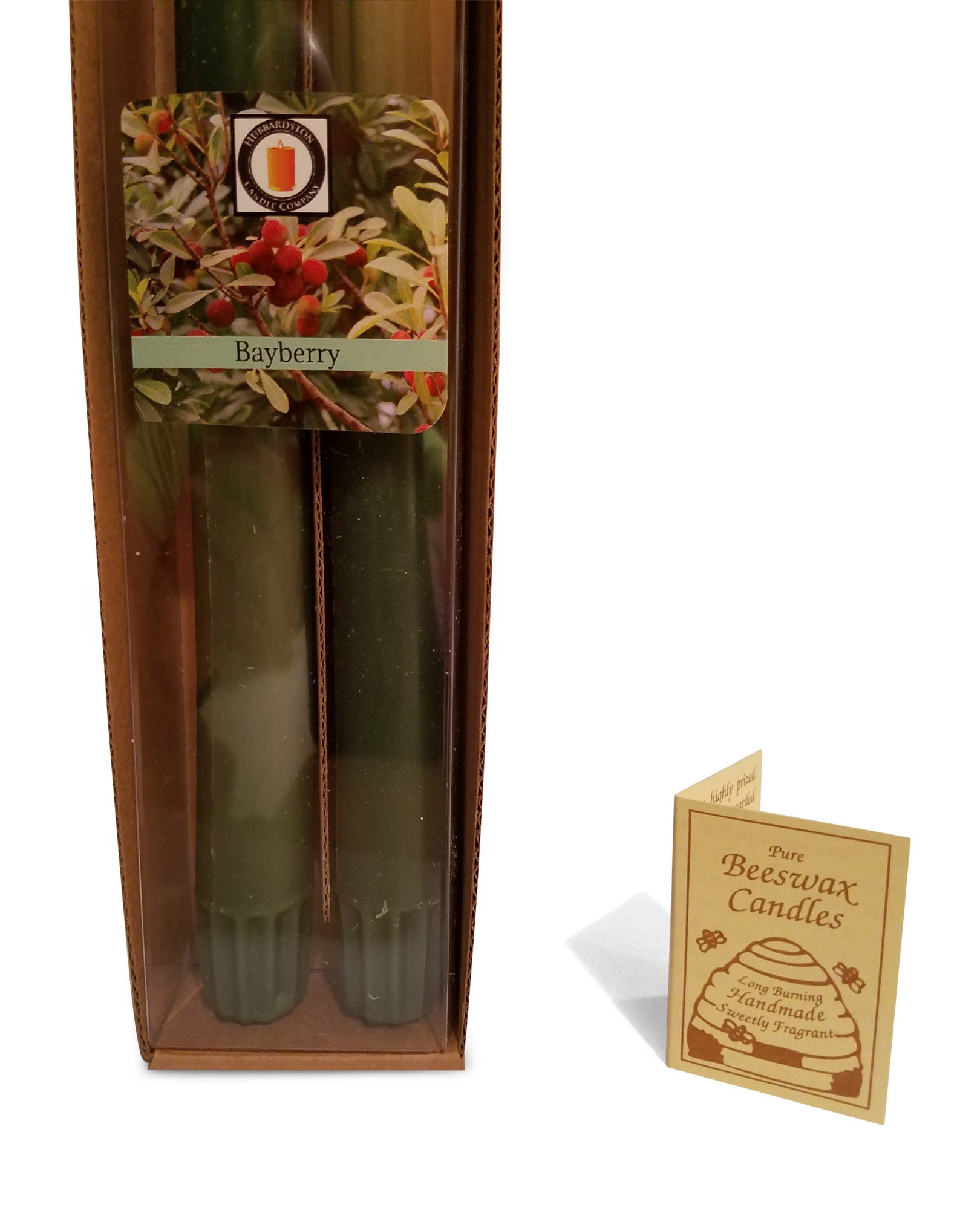 100% Pure Beeswax 10 inch Bayberry Scented Taper Candle Pair, Hand Poured by Hubbardston Candle Company
