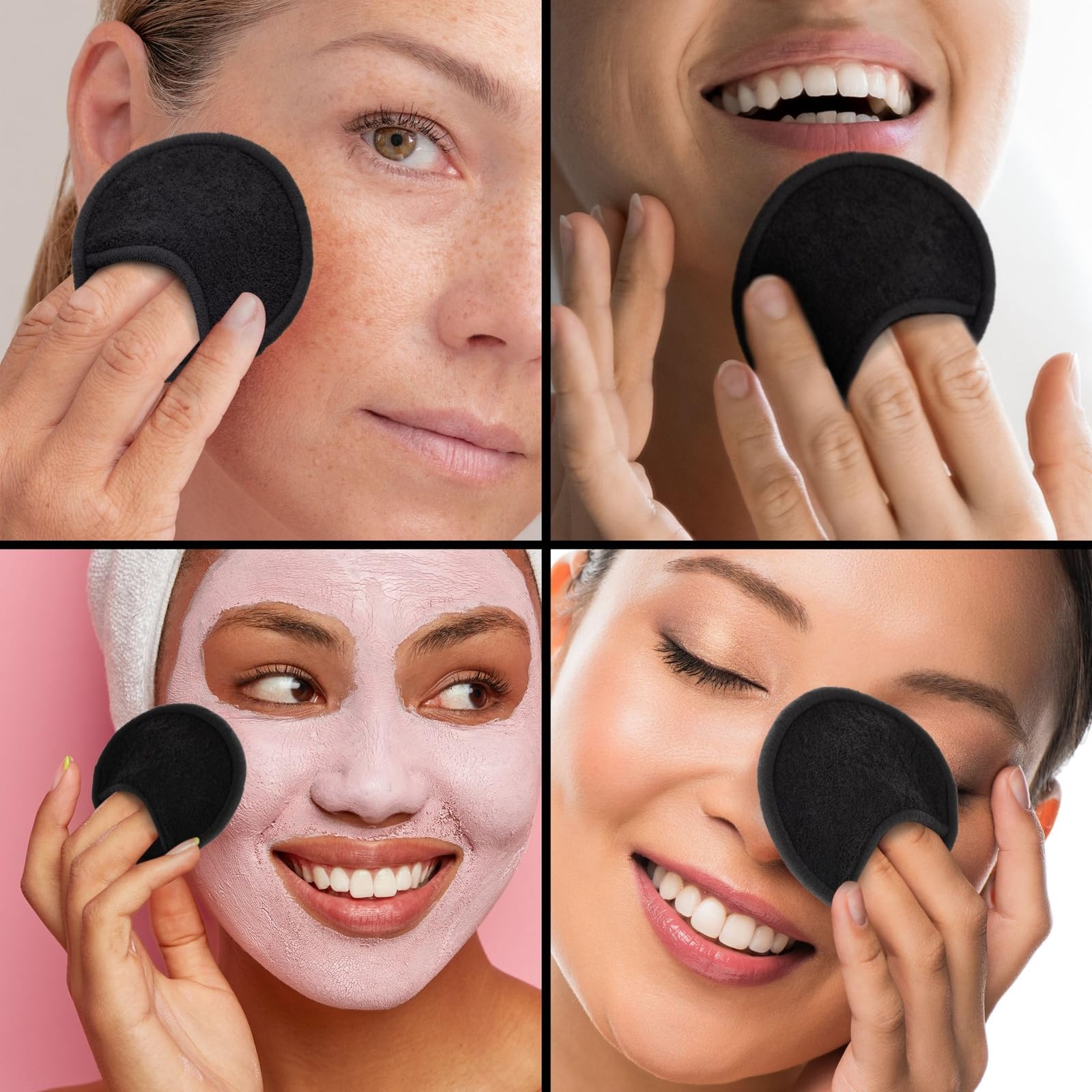 Glamlily 16 Pack Reusable Cotton Rounds for Makeup Removal with Bamboo Holder and Mesh Storage Bag (Black)