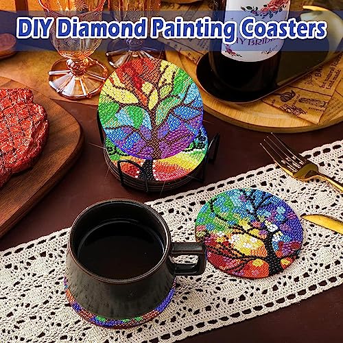 8 PCS Diamond Painting Coasters kit with Holder-Colorful Tree Diamond dot Art Coasters for Adults Kids Beginners,DIY Art and Crafts Gift