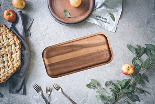 Dstuff Wood Serving Platter Tray Plate, Bathroom Vanity Tray, Wooden Steak Plates, Set of 1 Small Wood Tray + 30 Paddle Picks, Solid Natural Rectangular Acacia Board for Food Party Cheese Appetizer,