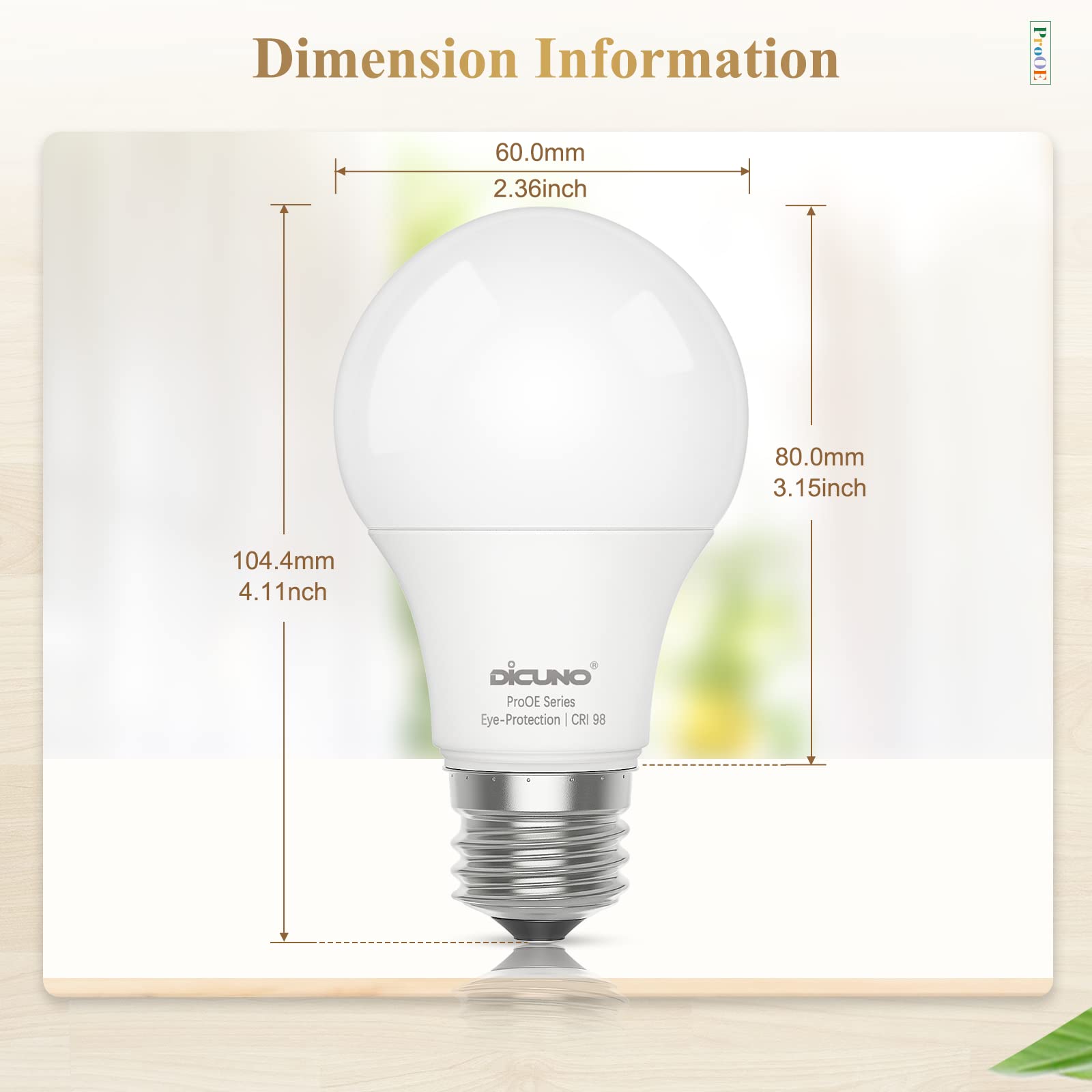 DiCUNO ProOE A19 LED Bulbs 60W Equivalent, 3000K Warm White, 806 Lumens 9W LED Light Bulb, High CRI 98, Non-dimmable, 100-240V, E26 Medium Base, Frosted, Pack of 6