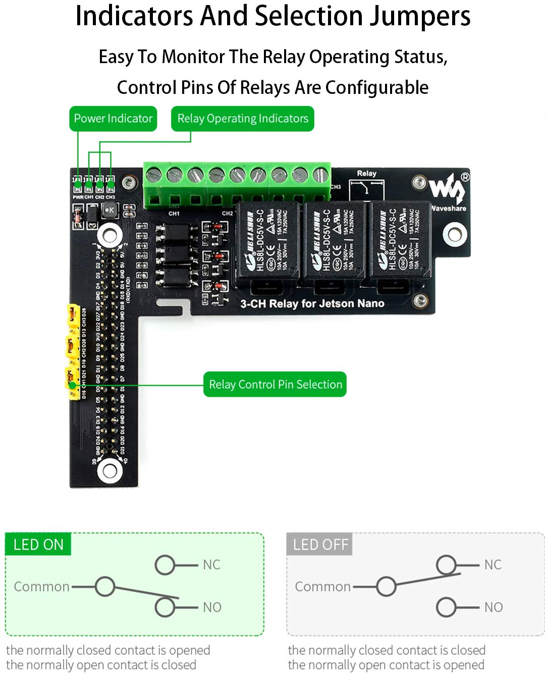 3-Channel Relay Expansion Board for Jetson Nano Developer Kit B01 and Jetson Nano 2GB Developer Kit, up to 2X Stackable Max Load ≤5A 250V AC or ≤5A 30V DC