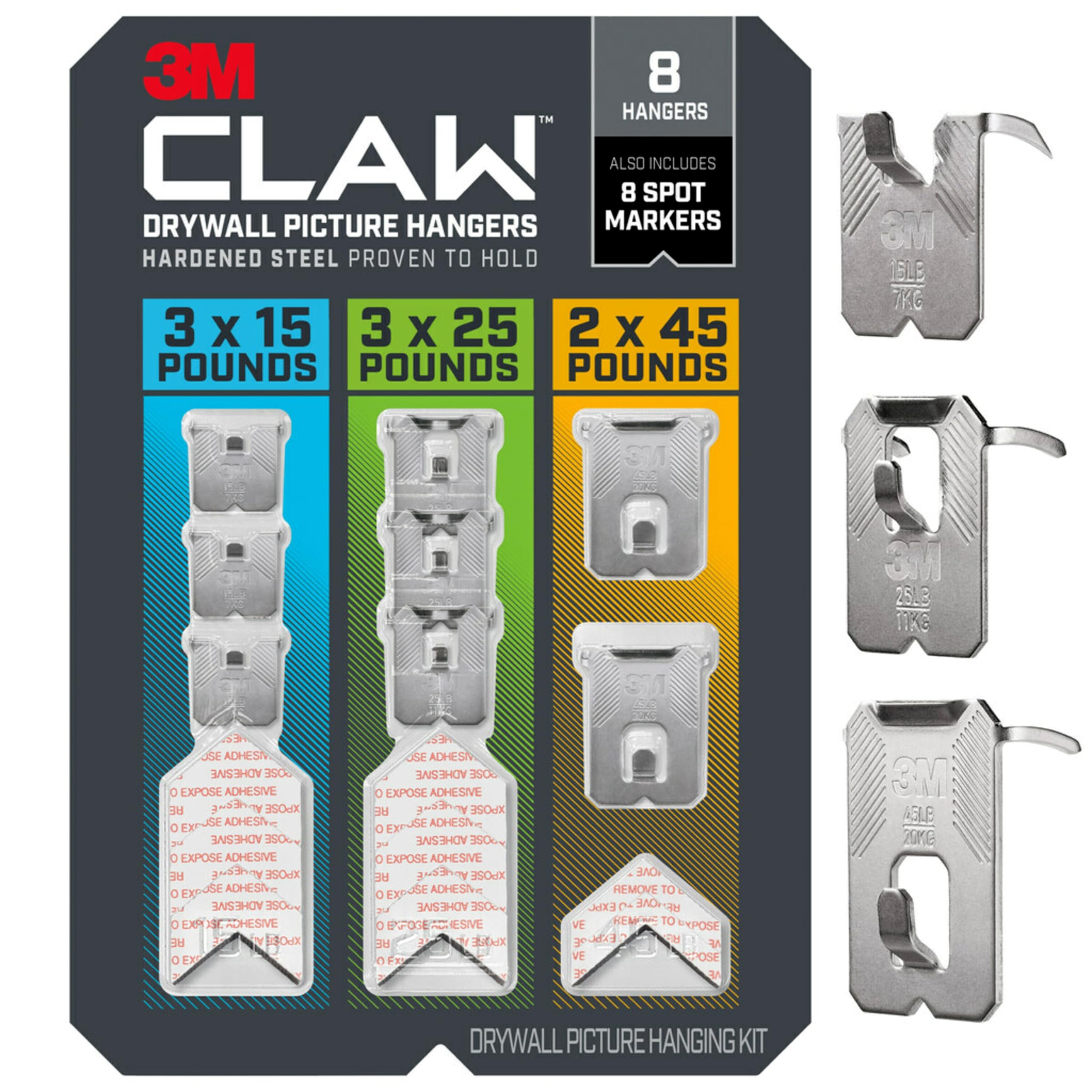3M CLAW 15, 25 and 45 lb. Drywall Picture Hanger Variety Pack With Spot Markers, Heavyweight Hanging Solution for Room Decor and Office Decor, Including Mirrors or Large Art – 8 Pack