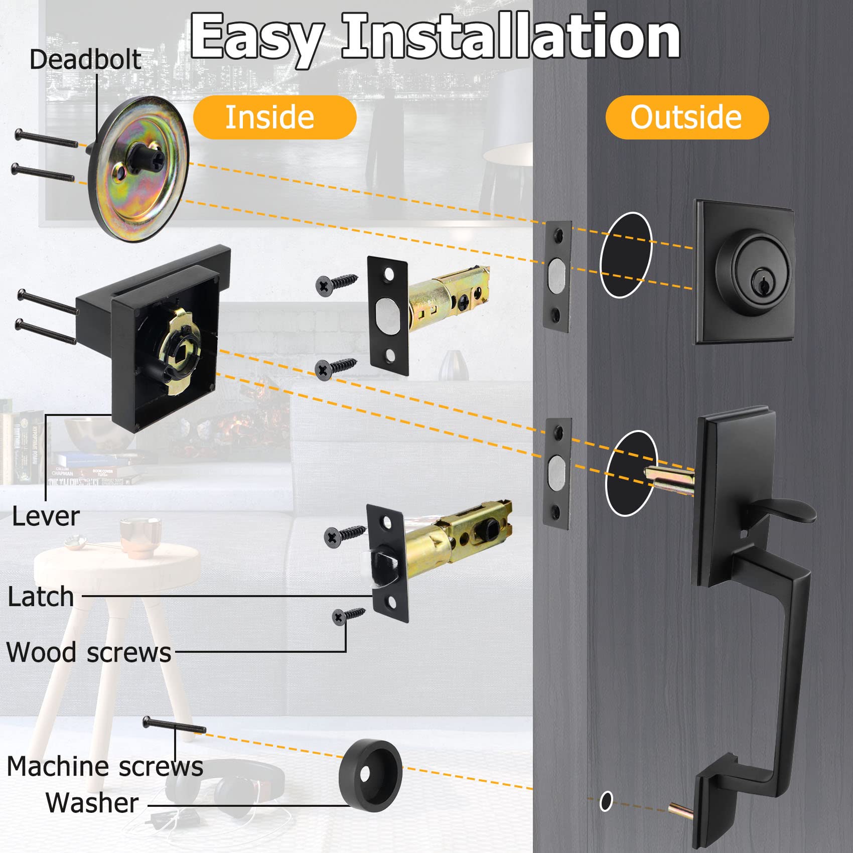 Azdele Black Front Door Handle with Deadbolt and Lever Set, Modern Front Door Lock Set, Black Door Handle with Single Cylinder Deadbolt for Exterior Door, Reversible for Right&Left Handed, Matte Black