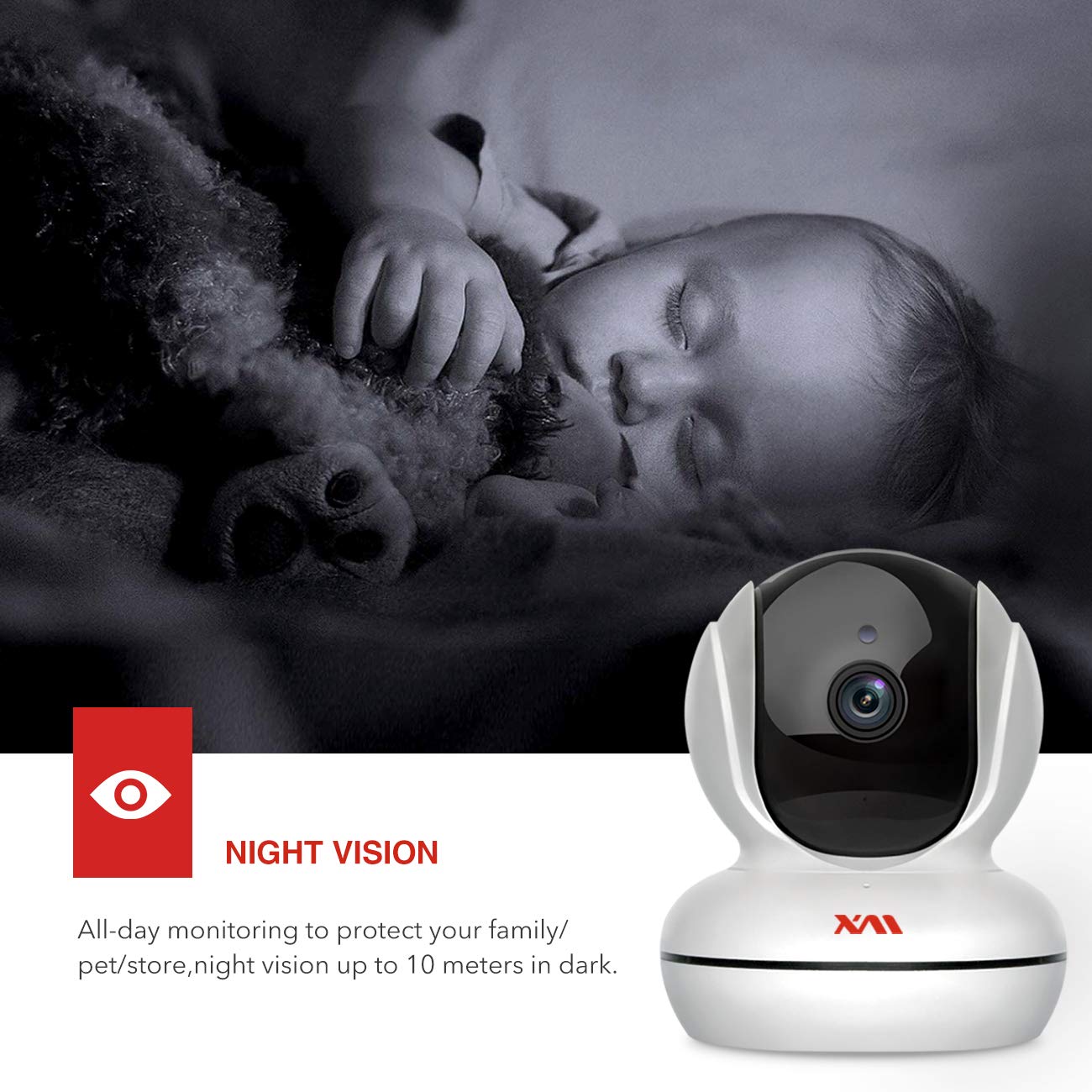 XM Wireless IP Security Camera Indoor Surveillance Camera Smart WiFi Home Camera for Baby/Pet/Nanny with Motion Detection 2-Way Audio Night Vision Cloud-Storage & TF Cardslot iOS/Android