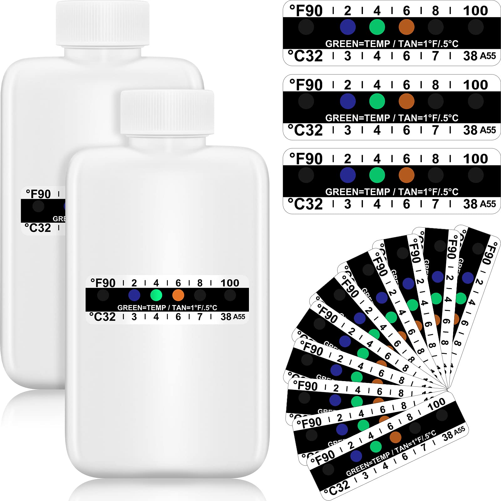 Patelai 12 Pcs Urine Test Complete Kit Include 2 Translucent Portable Travel Bottles,10 Adhesive Temperature Test Strips Human Urine Practice Kit for Synthetic Fake Pee(Classic Style)