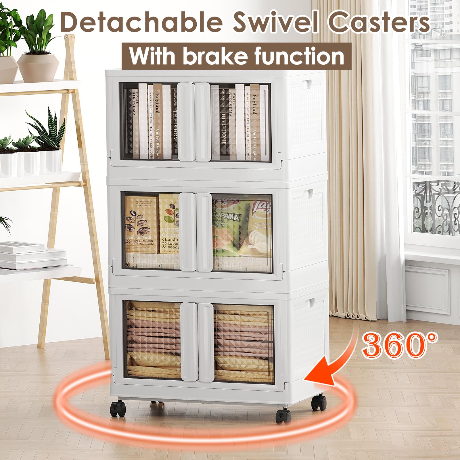 240 QT Storage Bins with Lids, Stackable Storage Bins with Wheels, Plastic Collapsible Storage Bins, Foldable Storage Cabinet Containers with Doors for Closet Dorm Garage Organizers, White