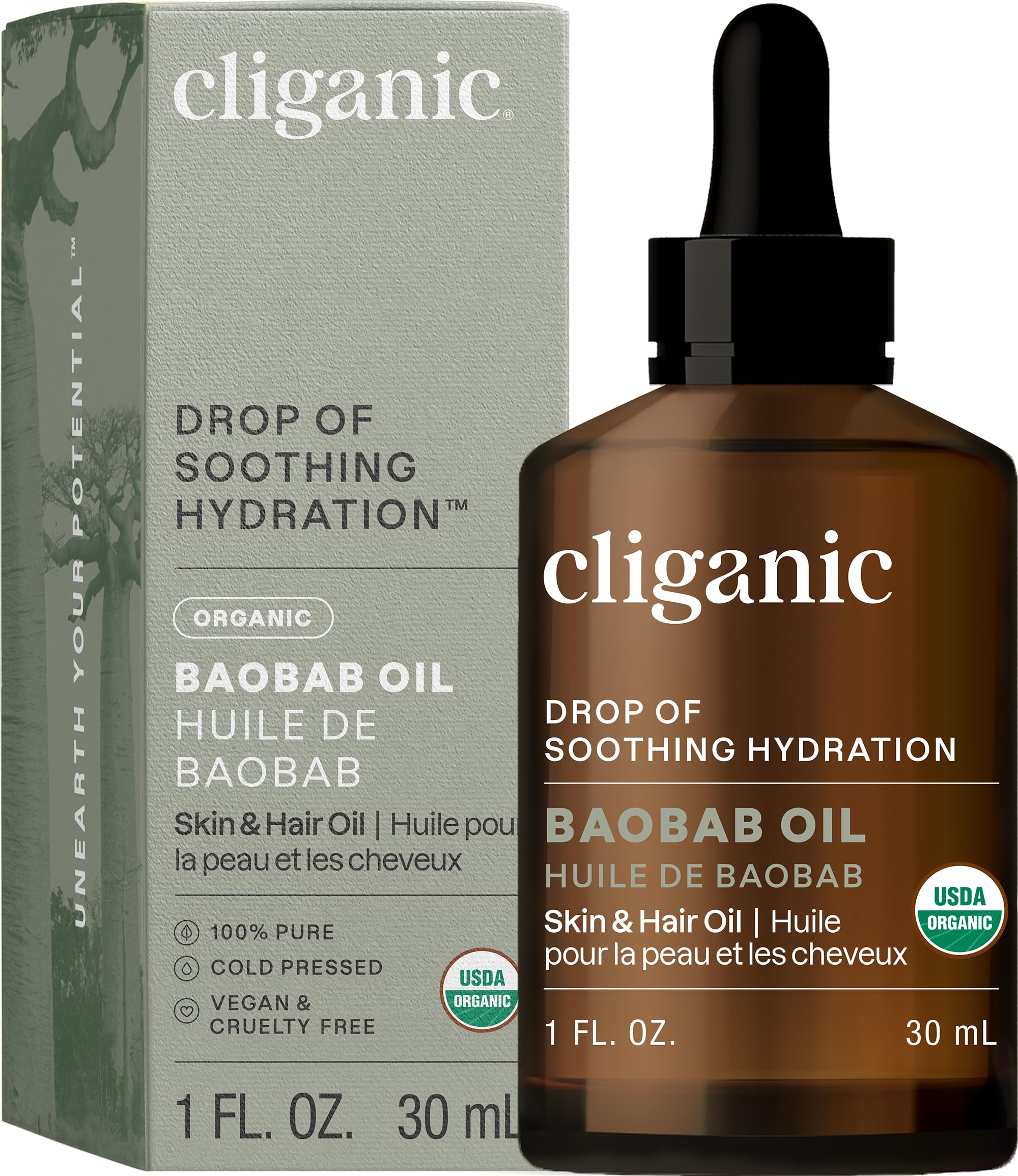 Cliganic Organic Baobab Oil, 100% Pure - For Face & Hair | Natural Cold Pressed Unrefined (Packaging May Vary)