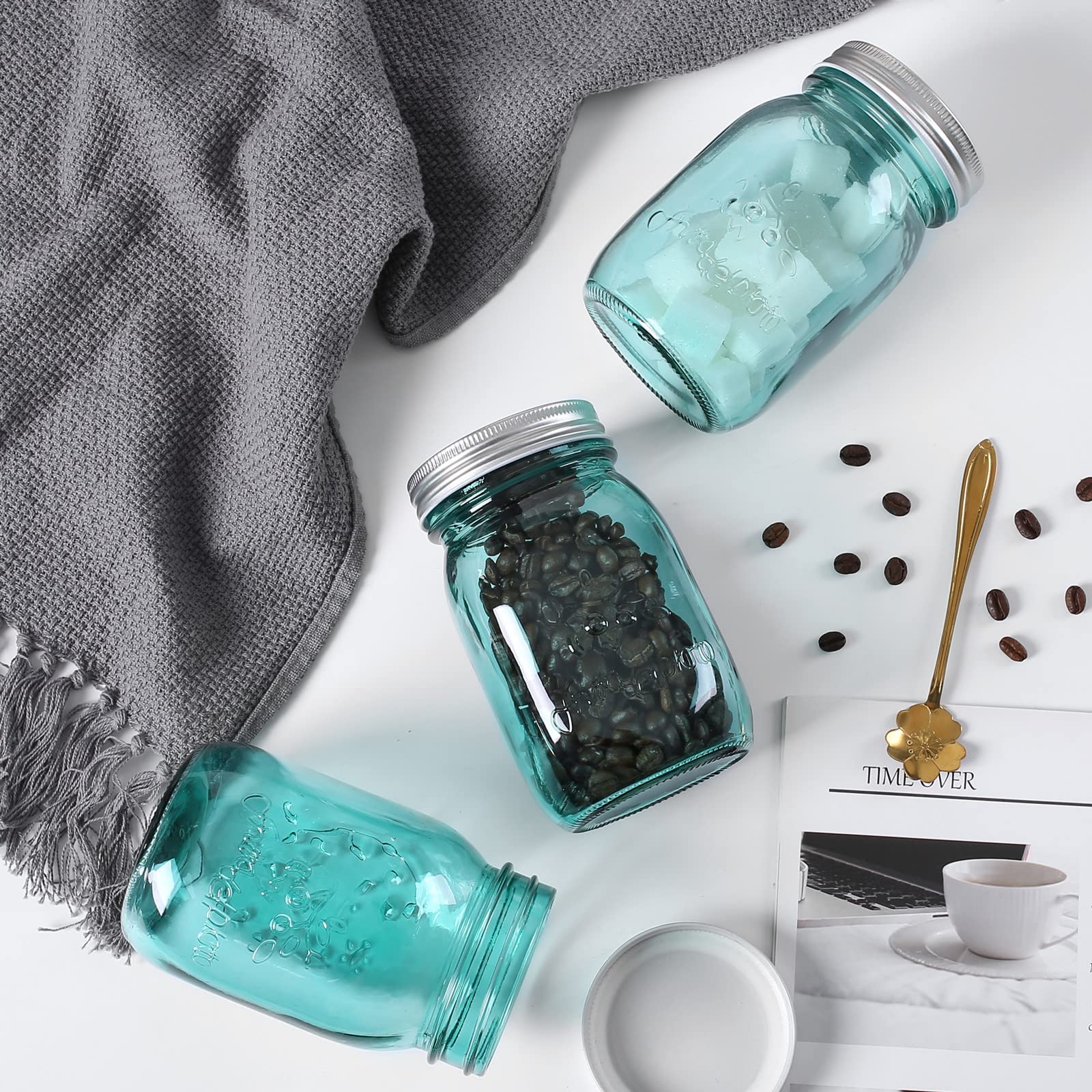 16 oz Teal Mason Jars with Lids,Regular Mouth Canning Jar, 6 Pack Multifunction Glass Container, for Storage, Canning, Pickling, Preserving, Fermenting, DIY Crafts & Decor