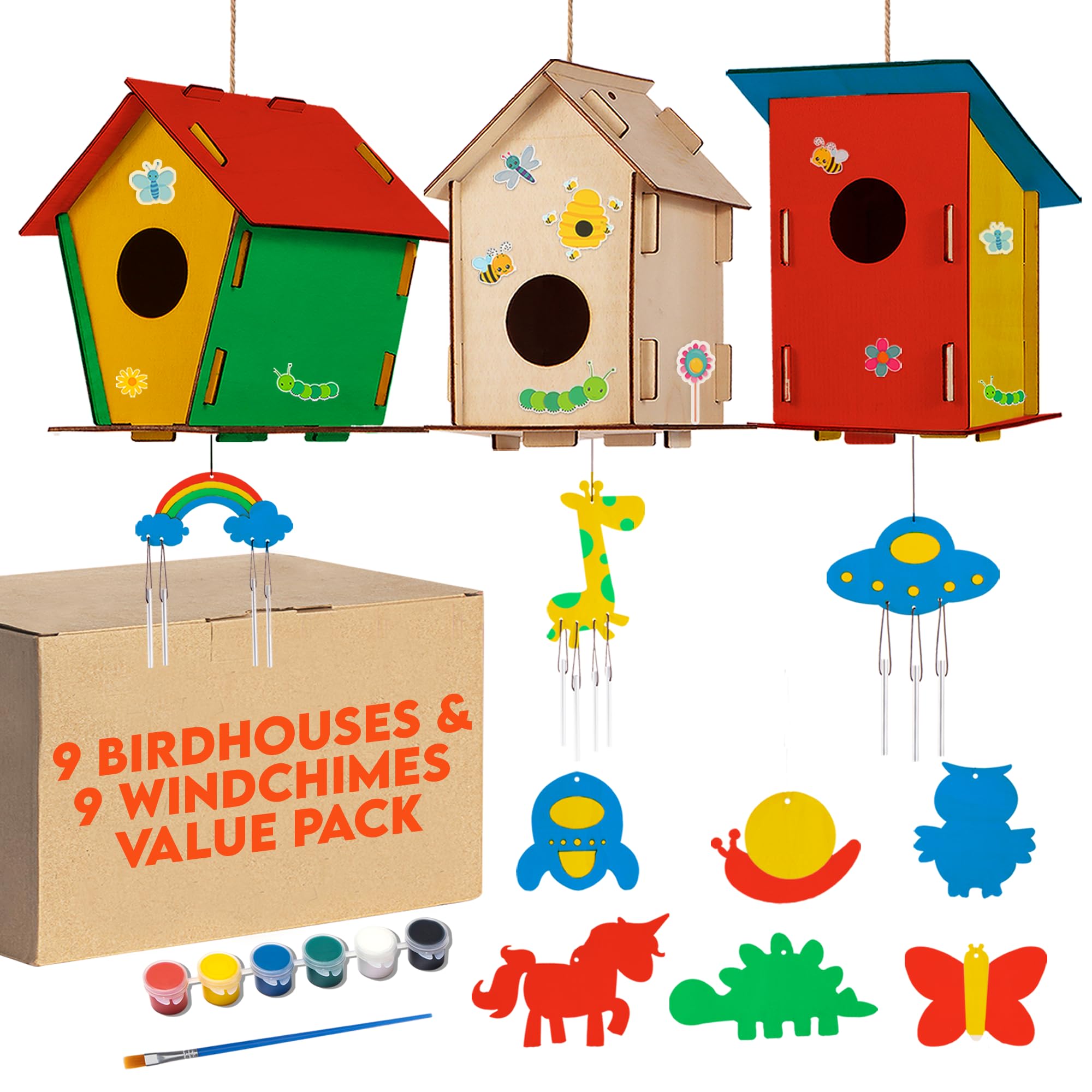 9 Wooden Birdhouses & 9 Wind Chimes -Art & Crafts for Kids Ages 4 5 6 7 8 - Kids Bulk Arts and Crafts Set with Painting Kit -DIY Wood Bird House and Windchimes Kits for Boys Girls to Build & Paint
