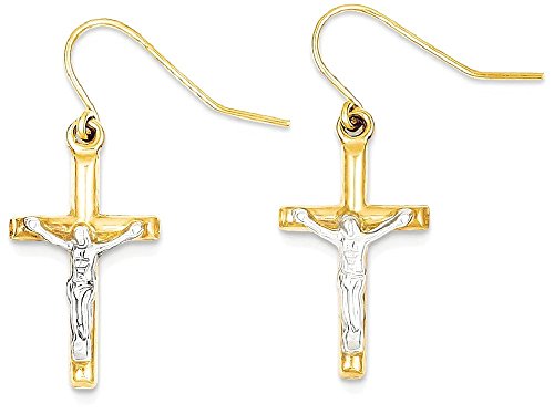 14K Two Tone Gold Lord Jesus Christ Crucifix Holy Hanging Cross Christian Religious Drop Dangle Earrings