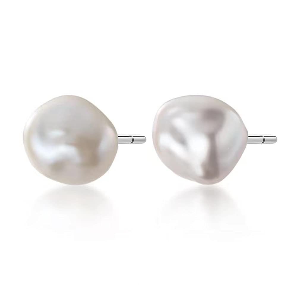 1Pairs Sterling Silver 8mm Baroque Pearl Stud Earrings White Round Freshwater Pearl Ear Studs Hypoallergenic for Women