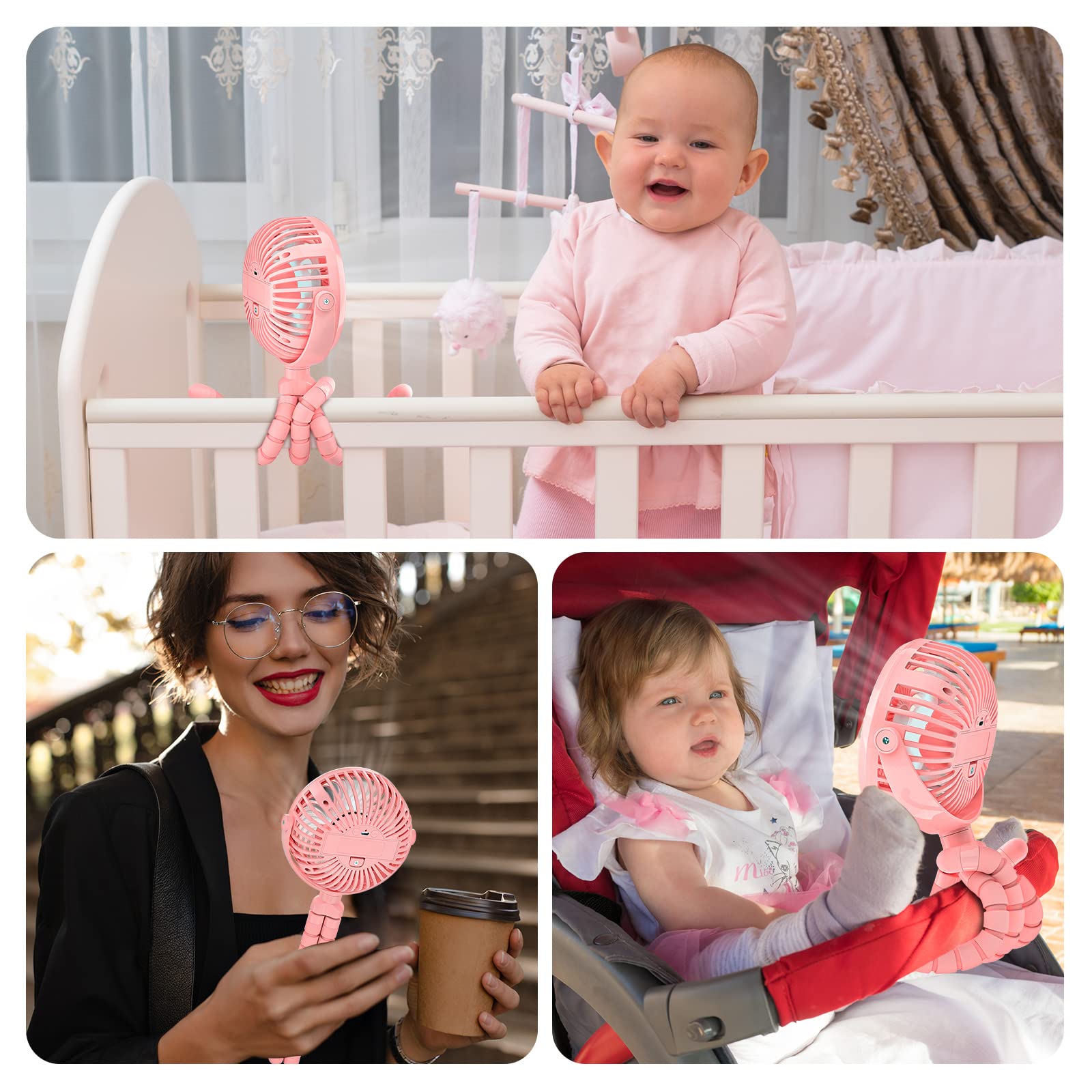 Creiv Stroller Fan, Baby Stroller Fans Clip On Car Seat, Battery Operated Portable Fan with 3 Level Wind Speeds and LED Lighting Available for Stroller, Car Seat and more