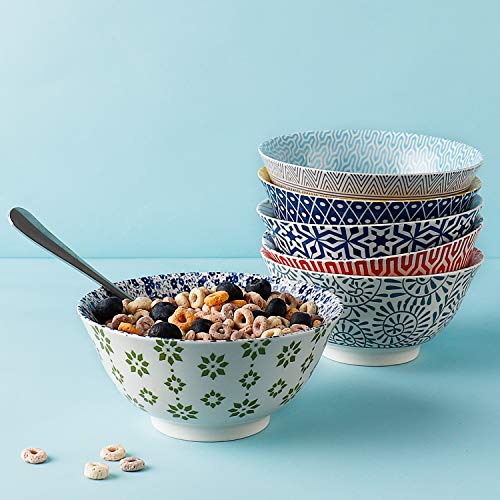 Amazingware Porcelain Salad Bowls - 18 Ounce for Cereal, Soup, Salad and Pasta, Bowl Set of 6, Assorted Designs