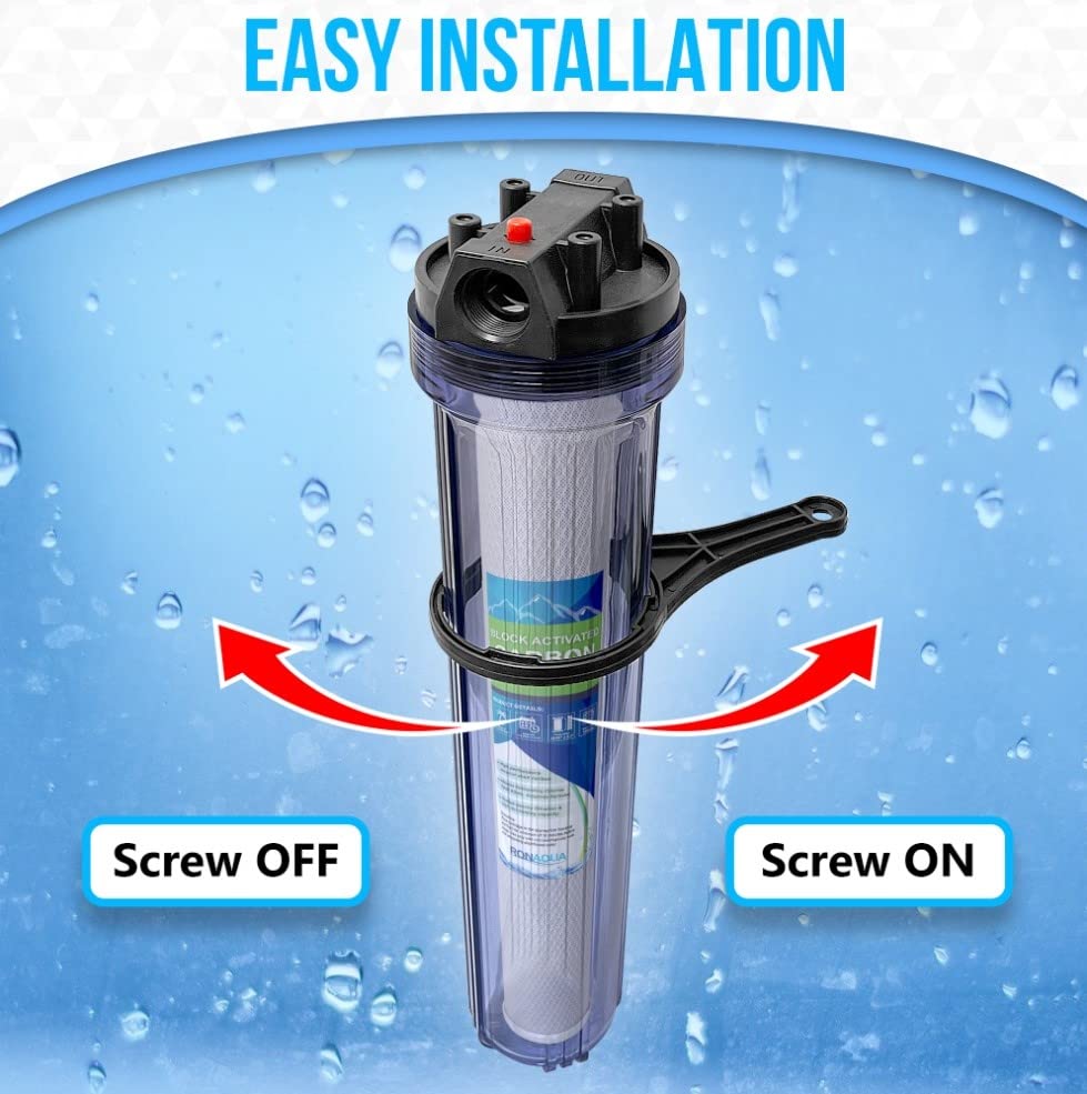 20 x 2.5-Inches Transparent Slim Whole House Water Filter Purifier System with Presser Relief Button, 1β Inlet/Outlet Port & Yearly Supply (3) Coconut Shell Activated Block Carbon Cartridges 5 Micron