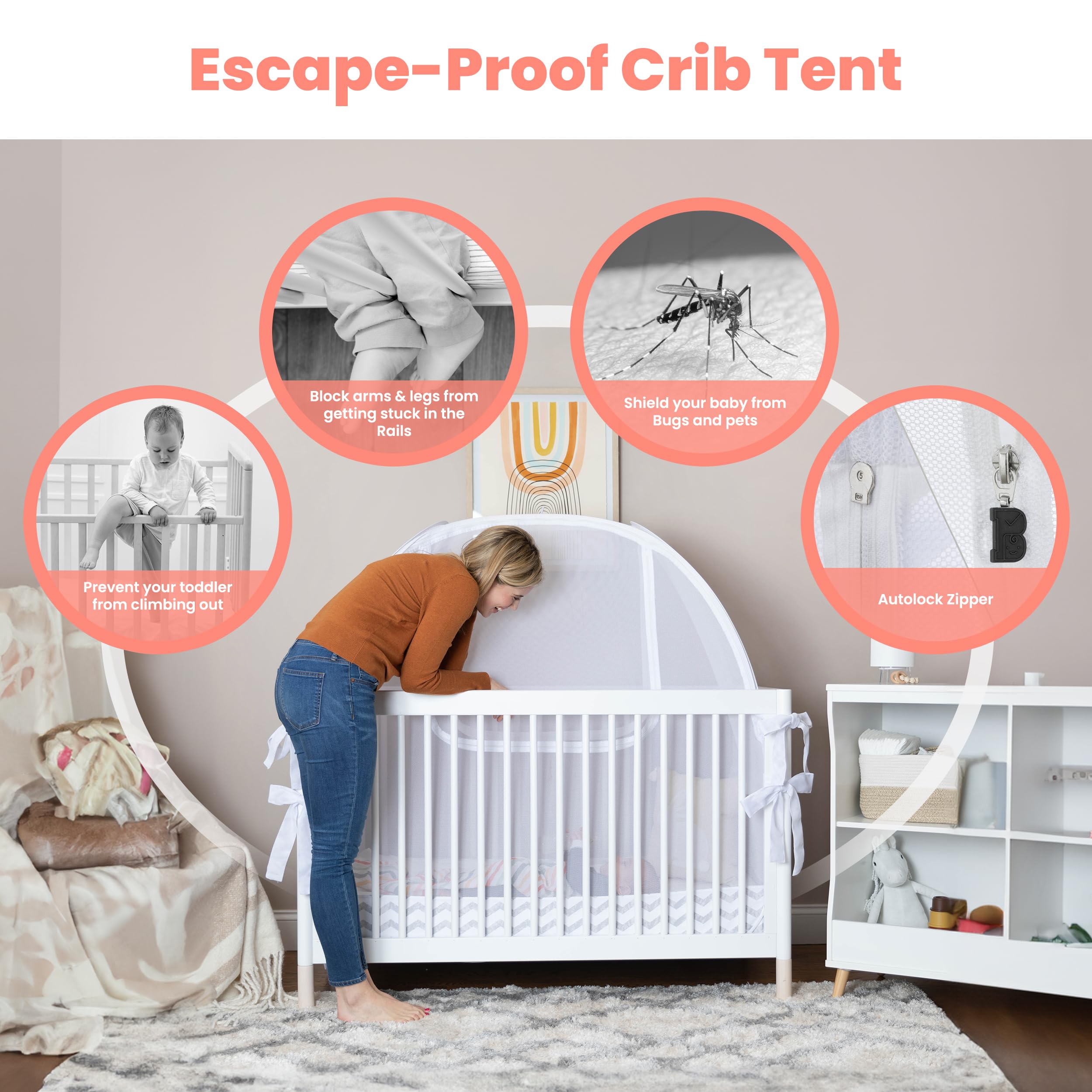 Crib Tent by Pro Baby Safety - Crib Topper Net with Viewing Window – See Through Soft Silky Mesh - Zippered Safety Top for Mosquito Bites and Falling Protection for Infant